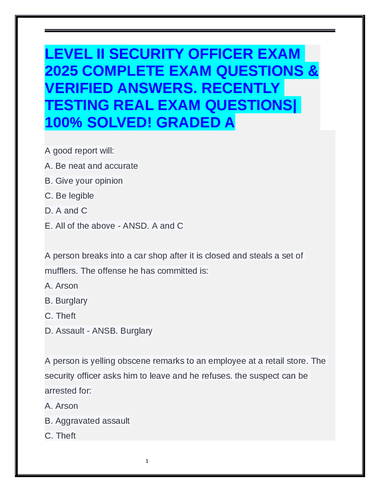 LEVEL II SECURITY OFFICER EXAM 2025 COMPLETE EXAM QUESTIONS & VERIFIED ...