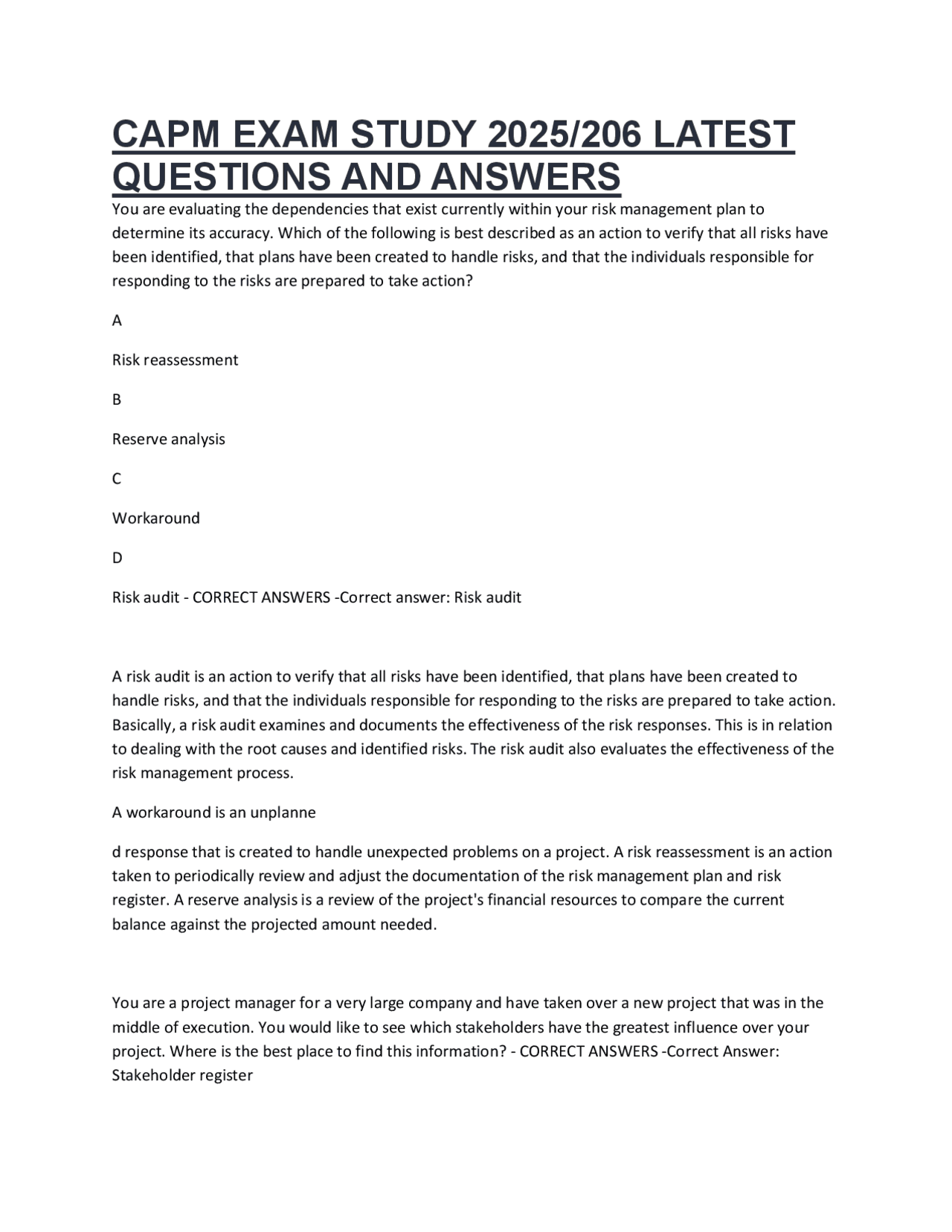 CAPM EXAM STUDY 2025/206 LATEST QUESTIONS AND ANSWERS | Exams Nursing ...