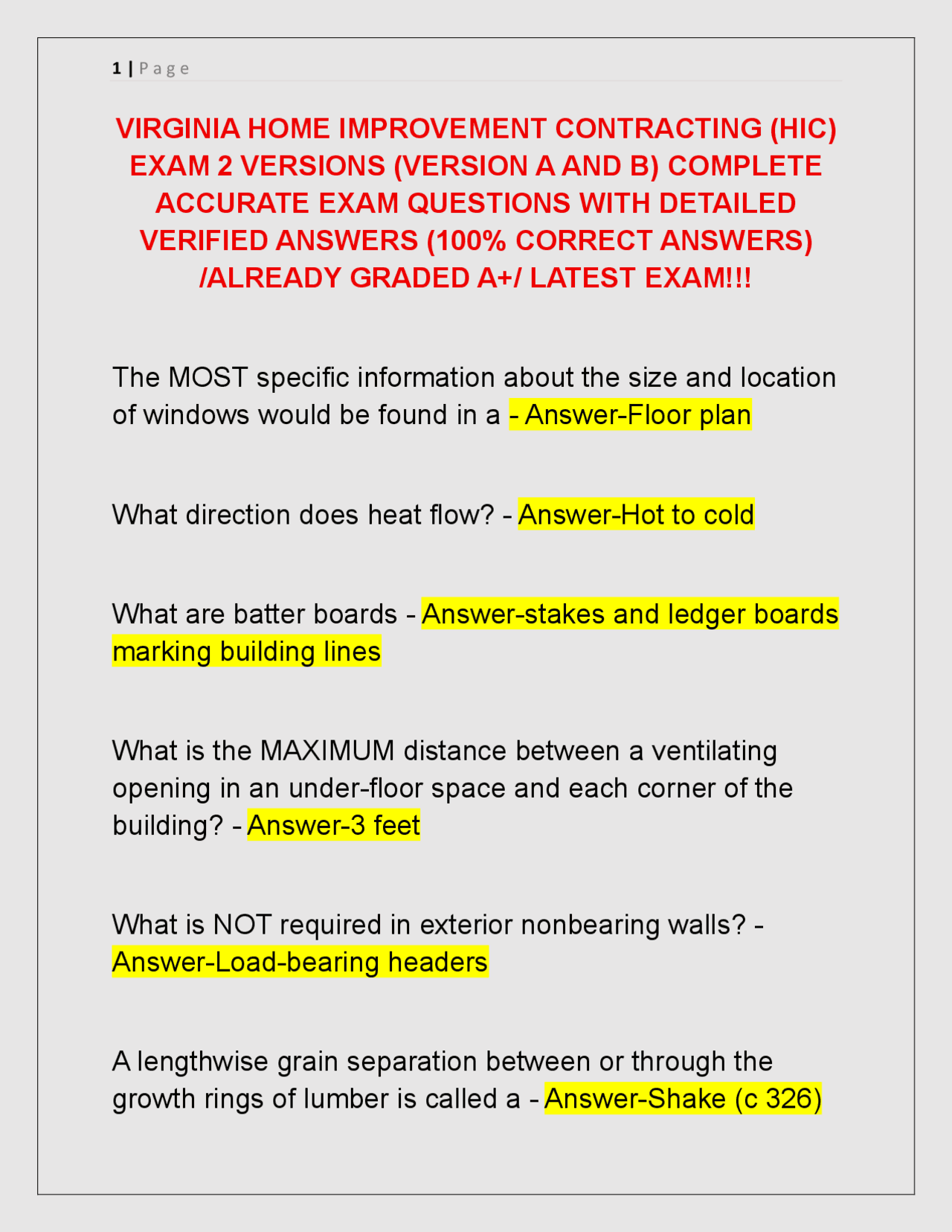 VIRGINIA HOME IMPROVEMENT CONTRACTING (HIC) EXAM 2 VERSIONS (VERSION A ...