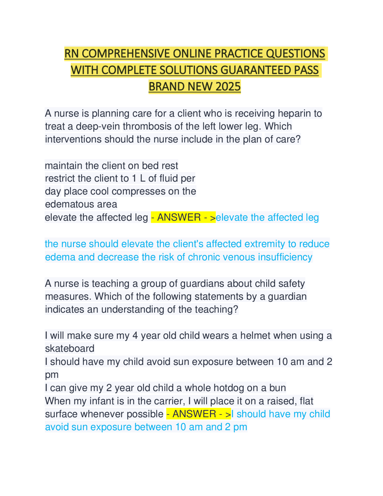 RN COMPREHENSIVE ONLINE PRACTICE QUESTIONS WITH COMPLETE SOLUTIONS ...