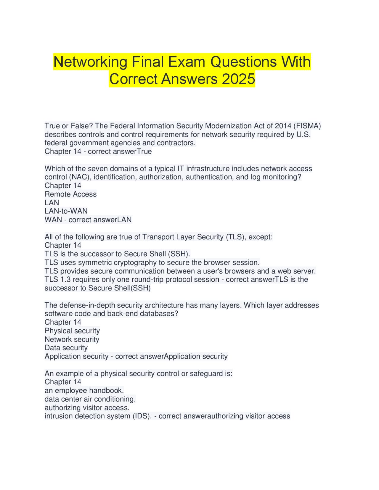 Networking Final Exam Questions With Correct Answers 2025 | Exams Network security | Docsity