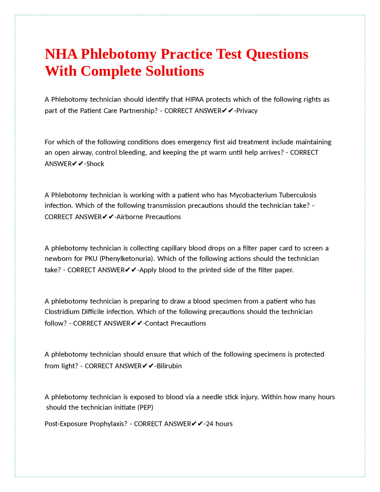 NHA Phlebotomy Practice Test Questions With Complete Solutions | Exams ...