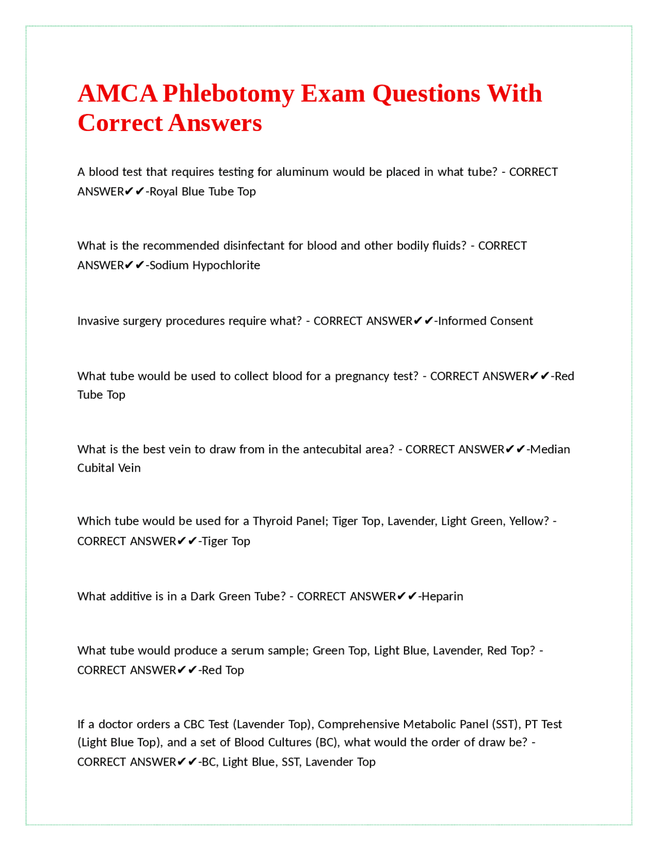 AMCA Phlebotomy Exam Questions With Correct Answers. | Exams Nursing ...
