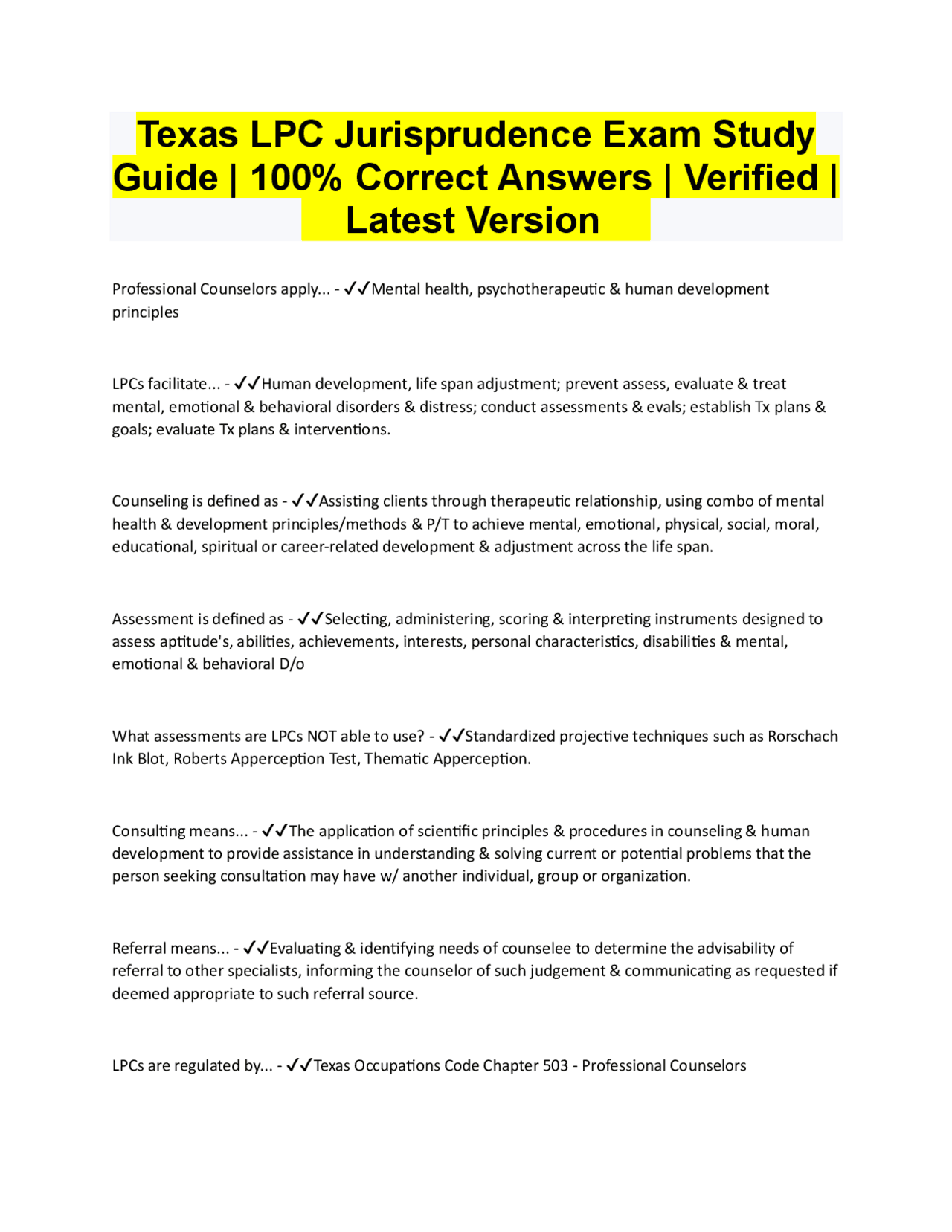 Texas LPC Jurisprudence Q&A 2025/2026 | BHEC Approved | 100% Correct ...