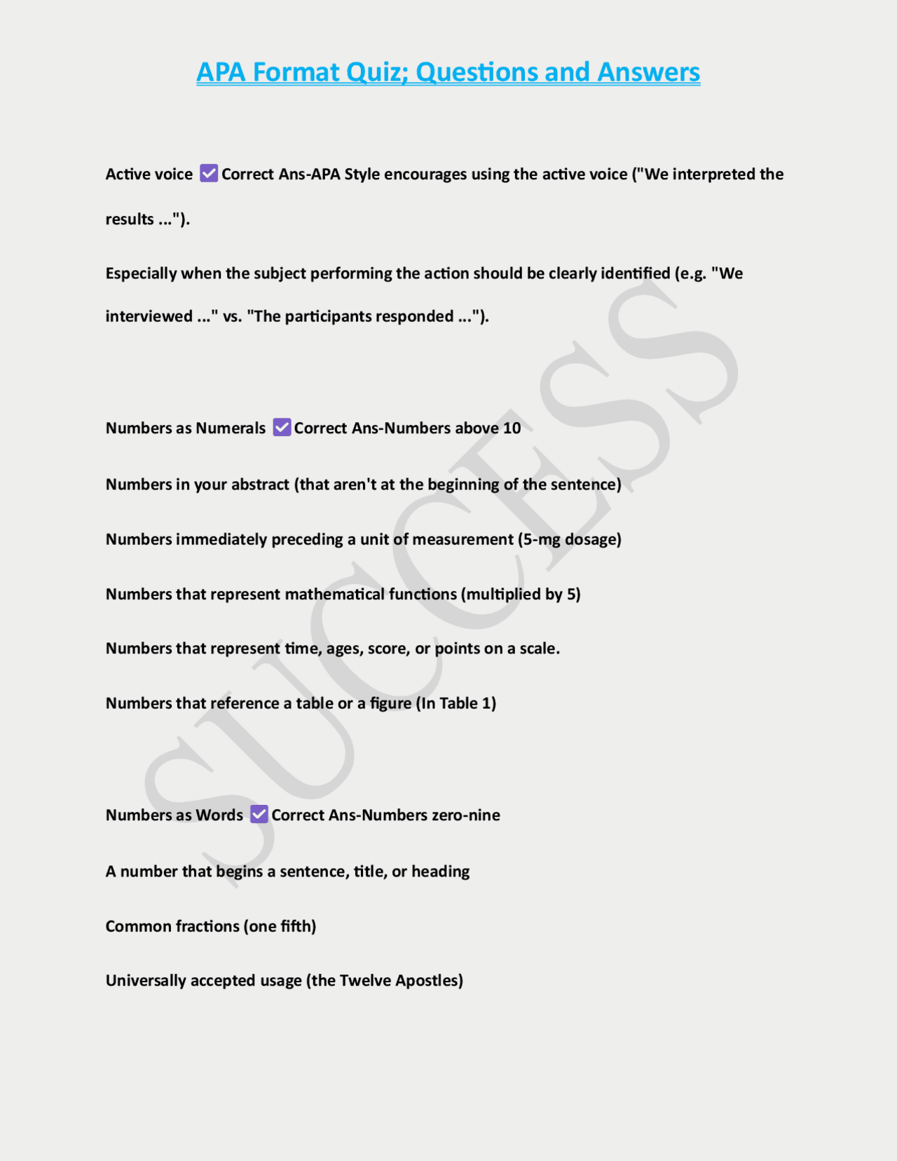 APA Format Quiz; Questions and Answers | Exams Nursing | Docsity