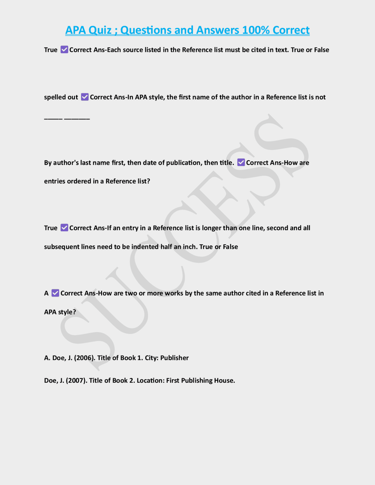 APA Quiz ; Questions and Answers 100% Correct | Exams Nursing | Docsity