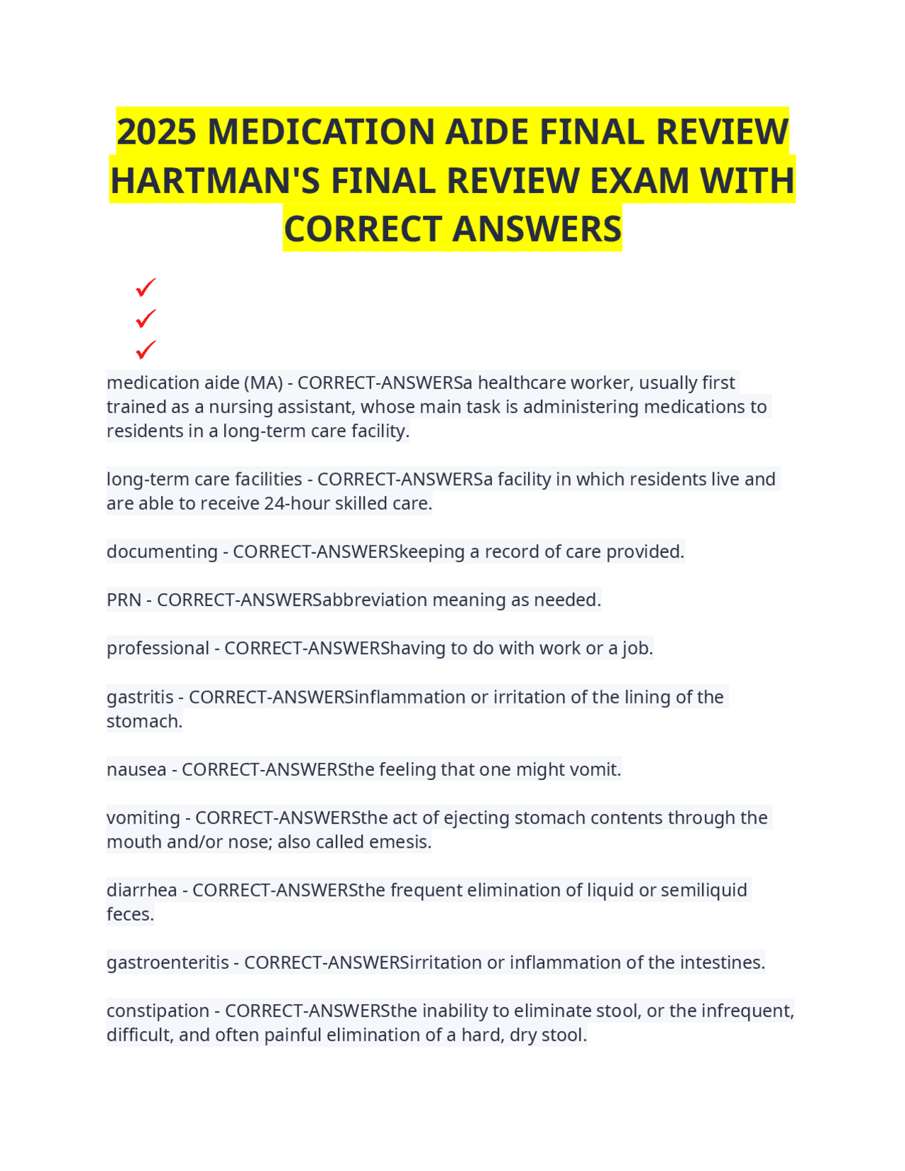2025 MEDICATION AIDE FINAL REVIEW HARTMAN'S FINAL REVIEW EXAM WITH ...
