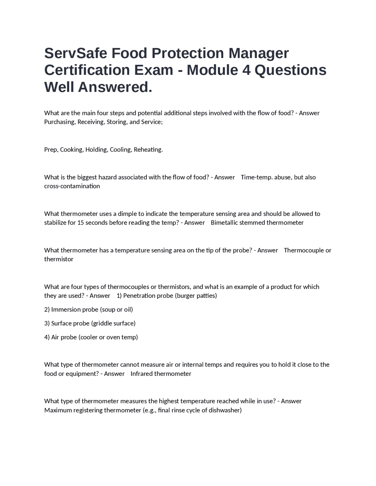 ServSafe Food Protection Manager Exam: Module 4 Q&A | Exams Food ...