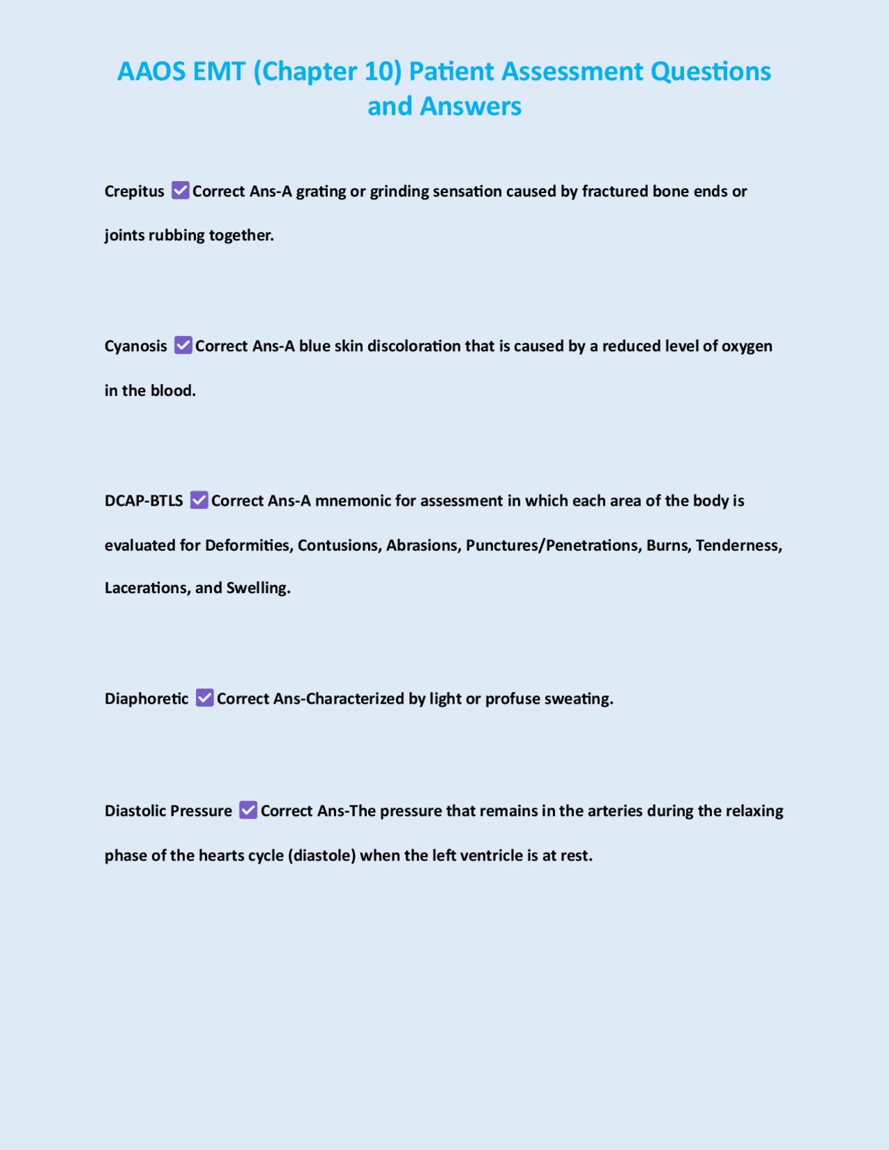 AAOS EMT (Chapter 10) Patient Assessment Questions and Answers | Exams ...