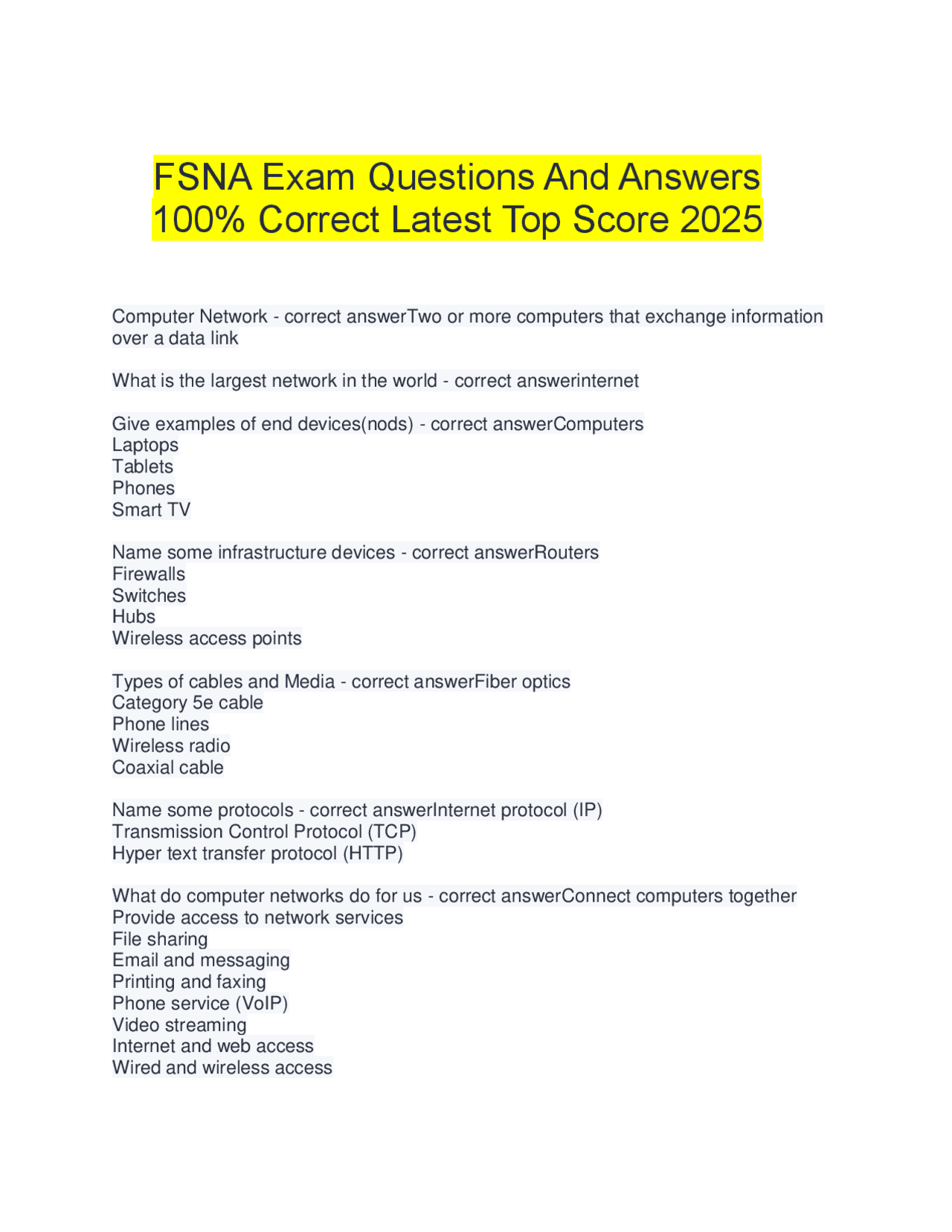 FSNA Exam Questions And Answers 100% Correct Latest Top Score 2025 ...