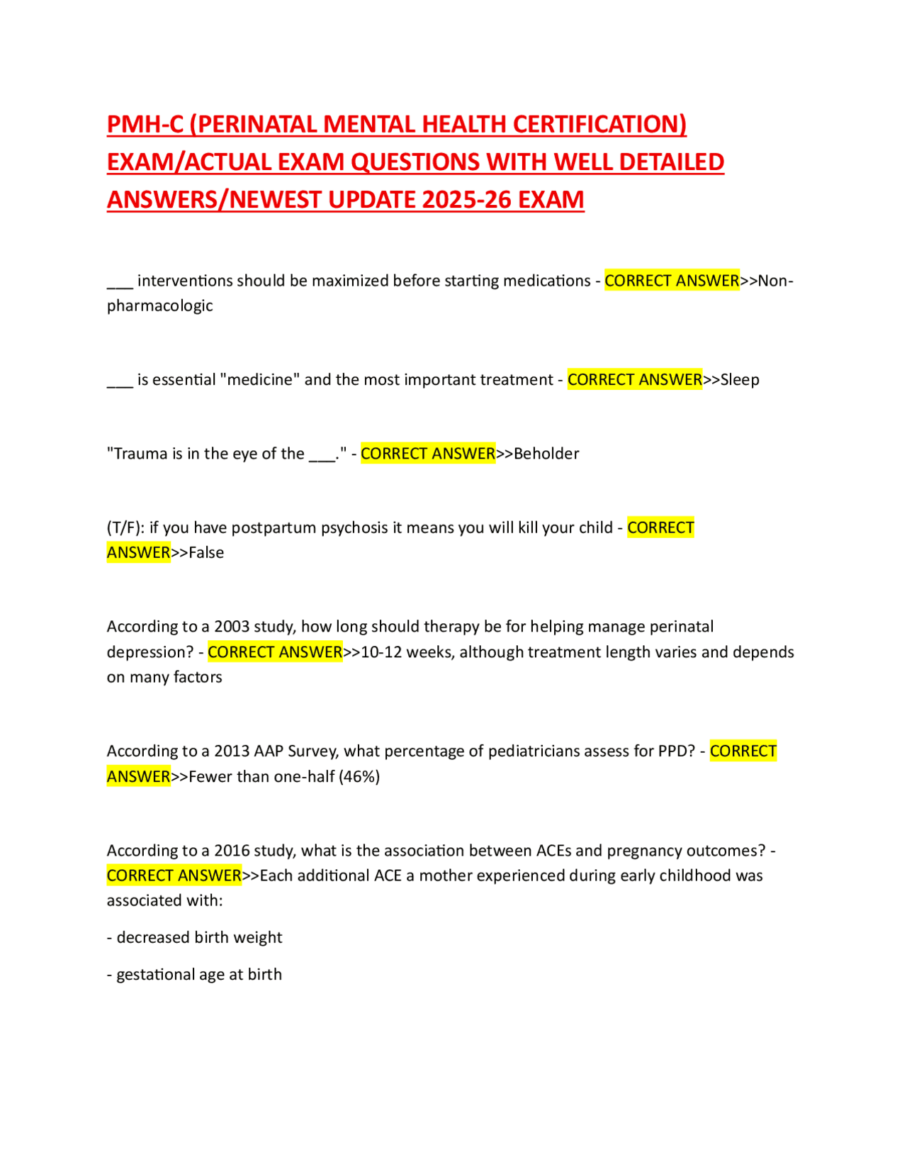 PMH-C (PERINATAL MENTAL HEALTH CERTIFICATION) EXAM/ACTUAL EXAM ...