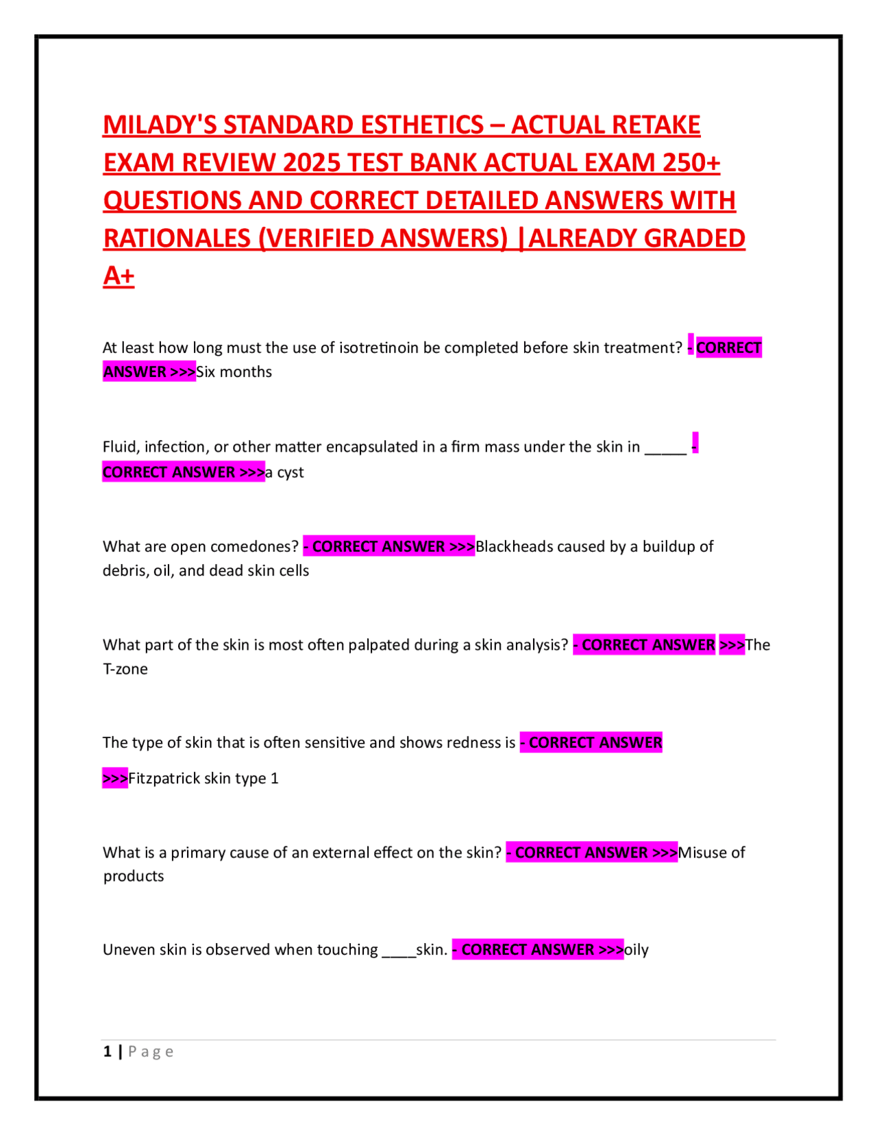 MILADY'S STANDARD ESTHETICS – ACTUAL RETAKE EXAM REVIEW 2025 TEST BANK ...