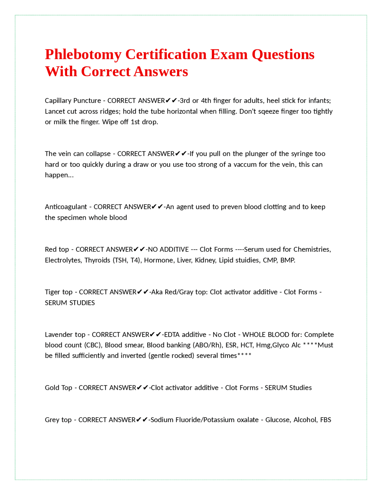 Phlebotomy Certification Exam Questions With Correct Answers. | Exams ...