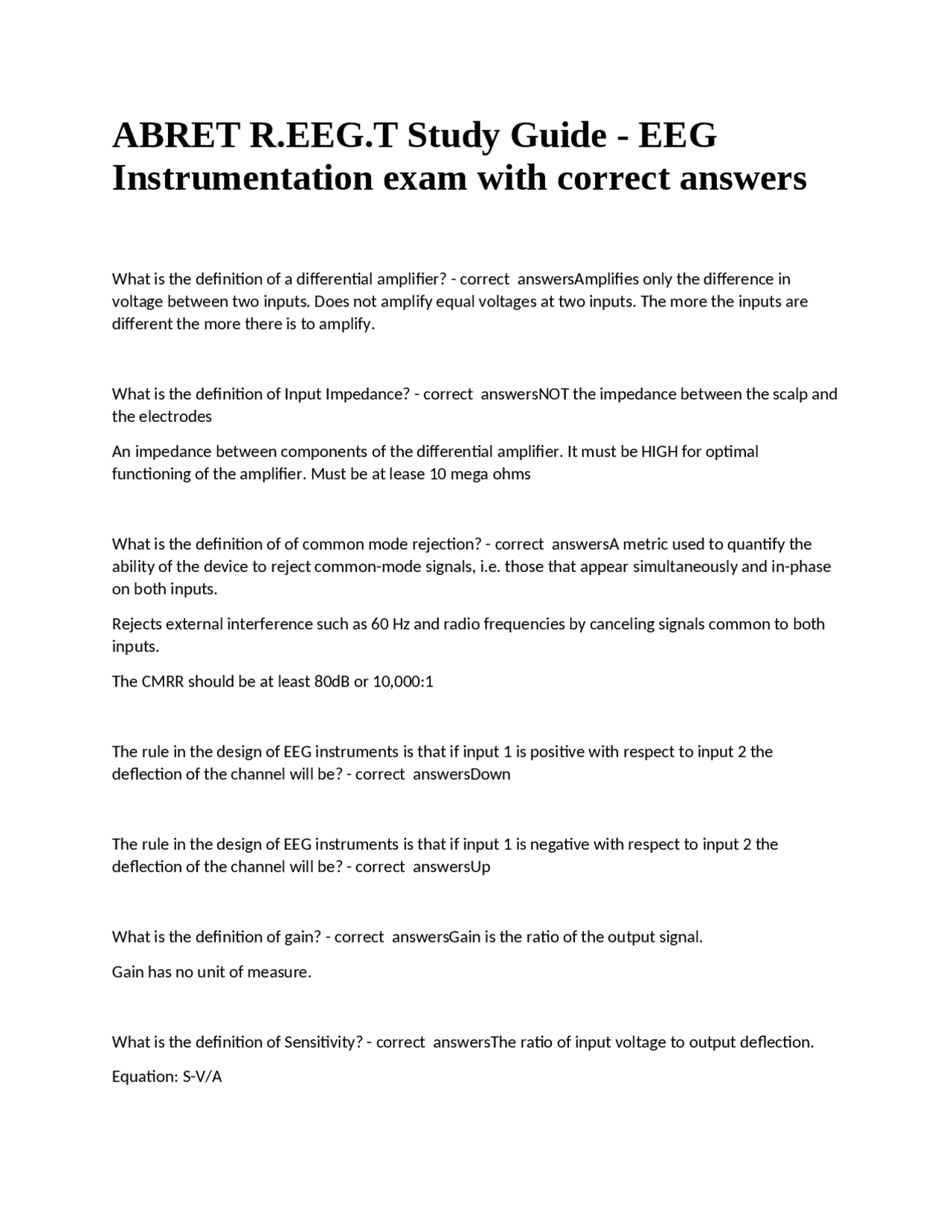 ABRET R.EEG.T Study Guide - EEG Instrumentation exam with correct ...