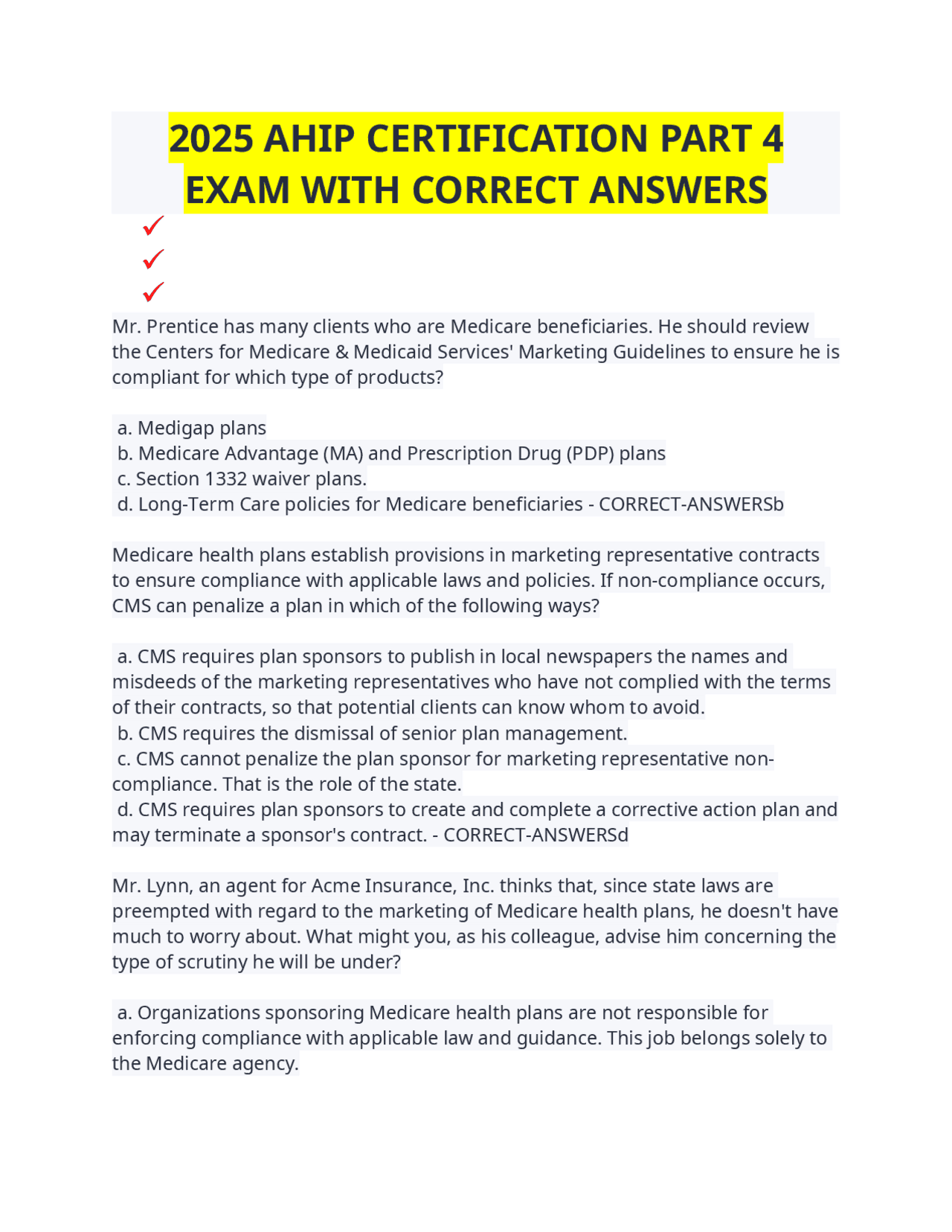 2025 AHIP CERTIFICATION PART 4 EXAM WITH CORRECT ANSWERS | Exams ...