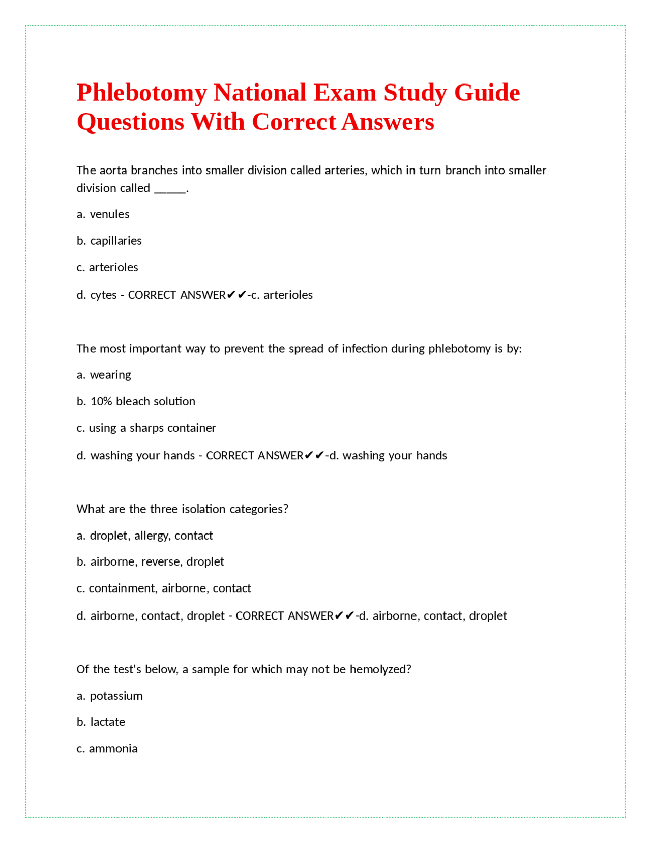 Phlebotomy National Exam Study Guide Questions With Correct Answers ...