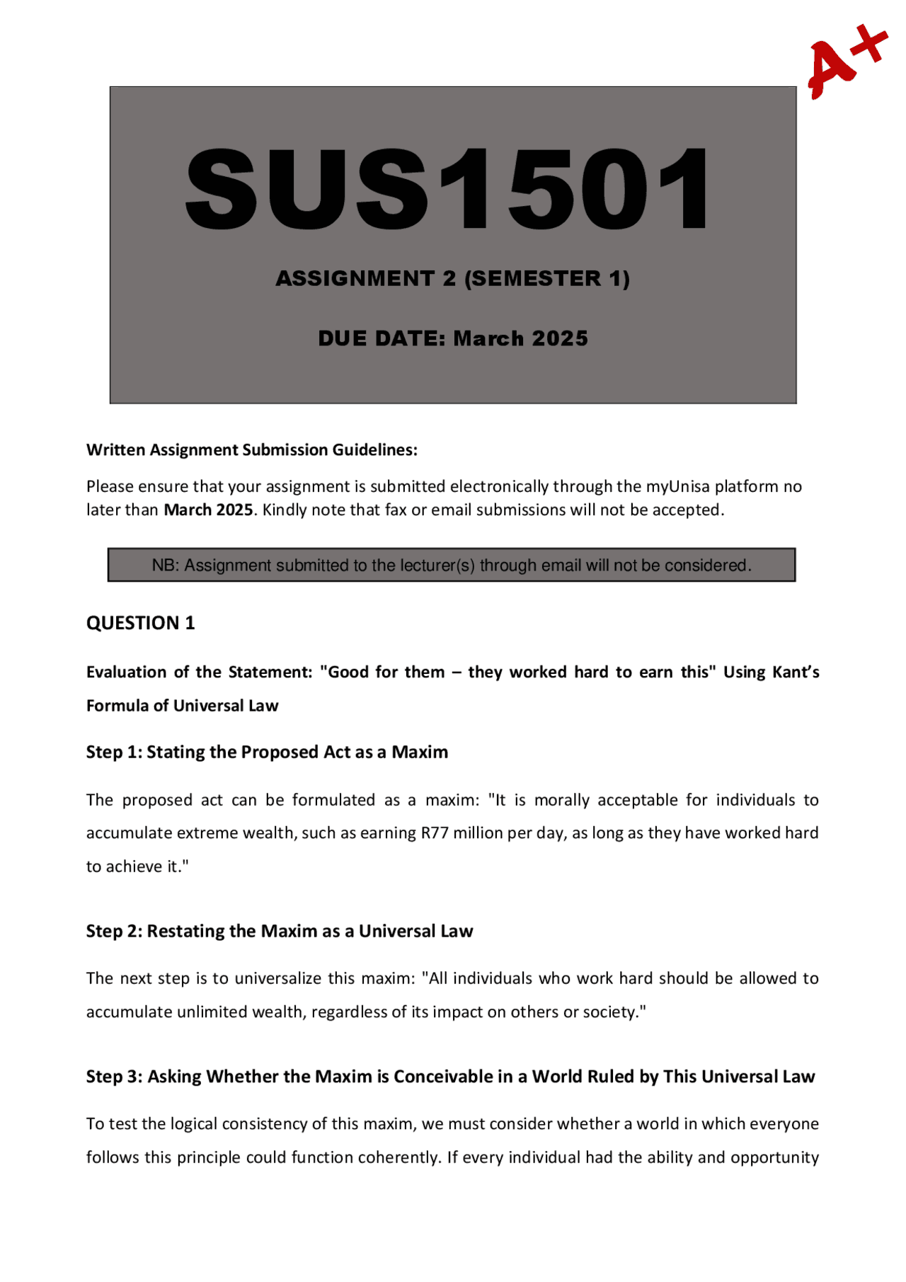 SUS1501 ASSIGNMENT 2 (SEMESTER 1) DUE DATE: March 2025 A+ | Lecture ...
