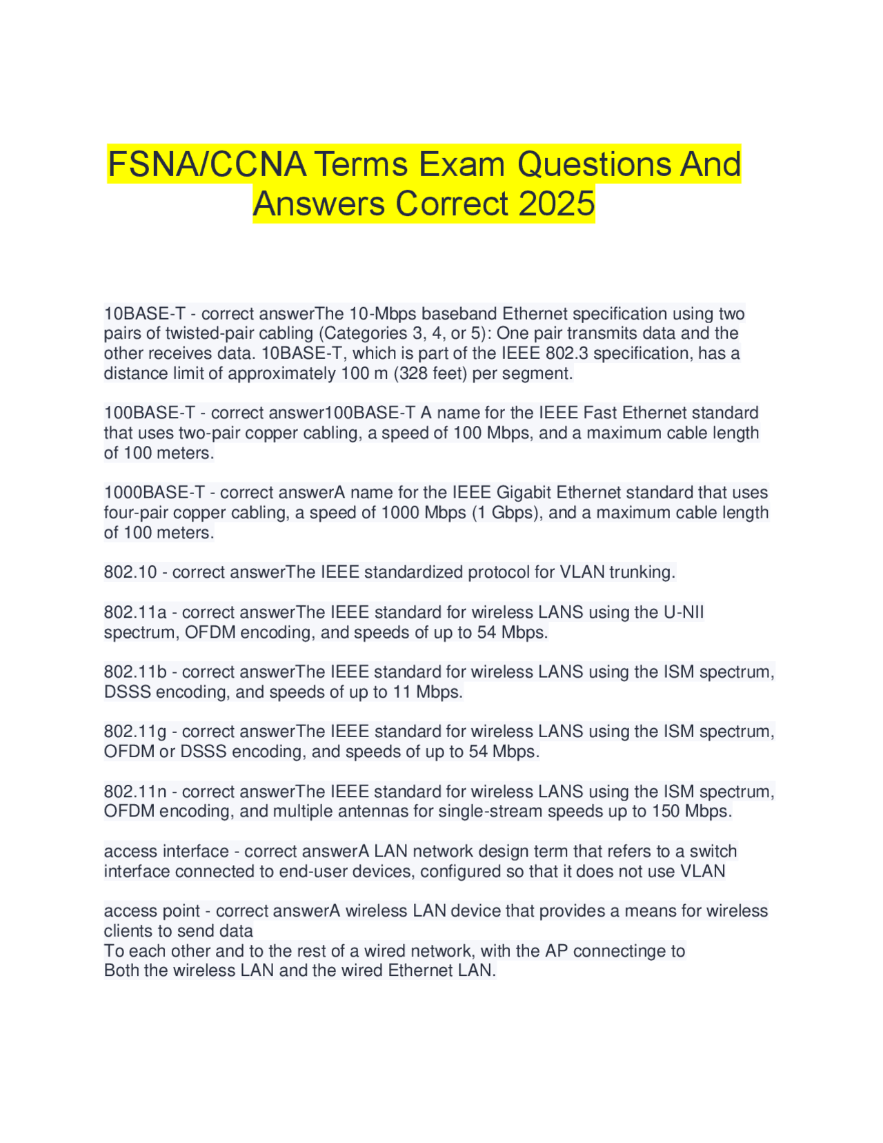 FSNA/CCNA Terms Exam Questions And Answers Correct 2025 | Exams ...