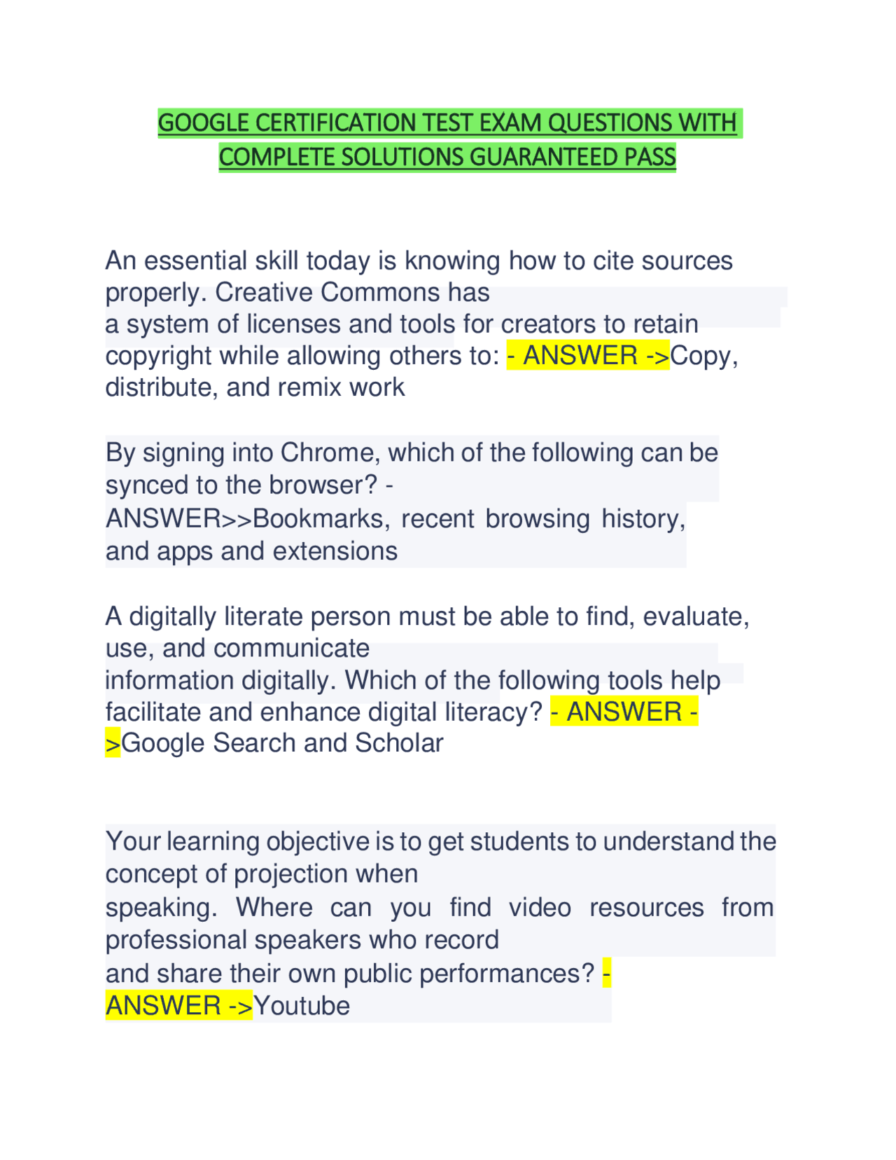 GOOGLE CERTIFICATION TEST EXAM QUESTIONS WITH COMPLETE SOLUTIONS ...