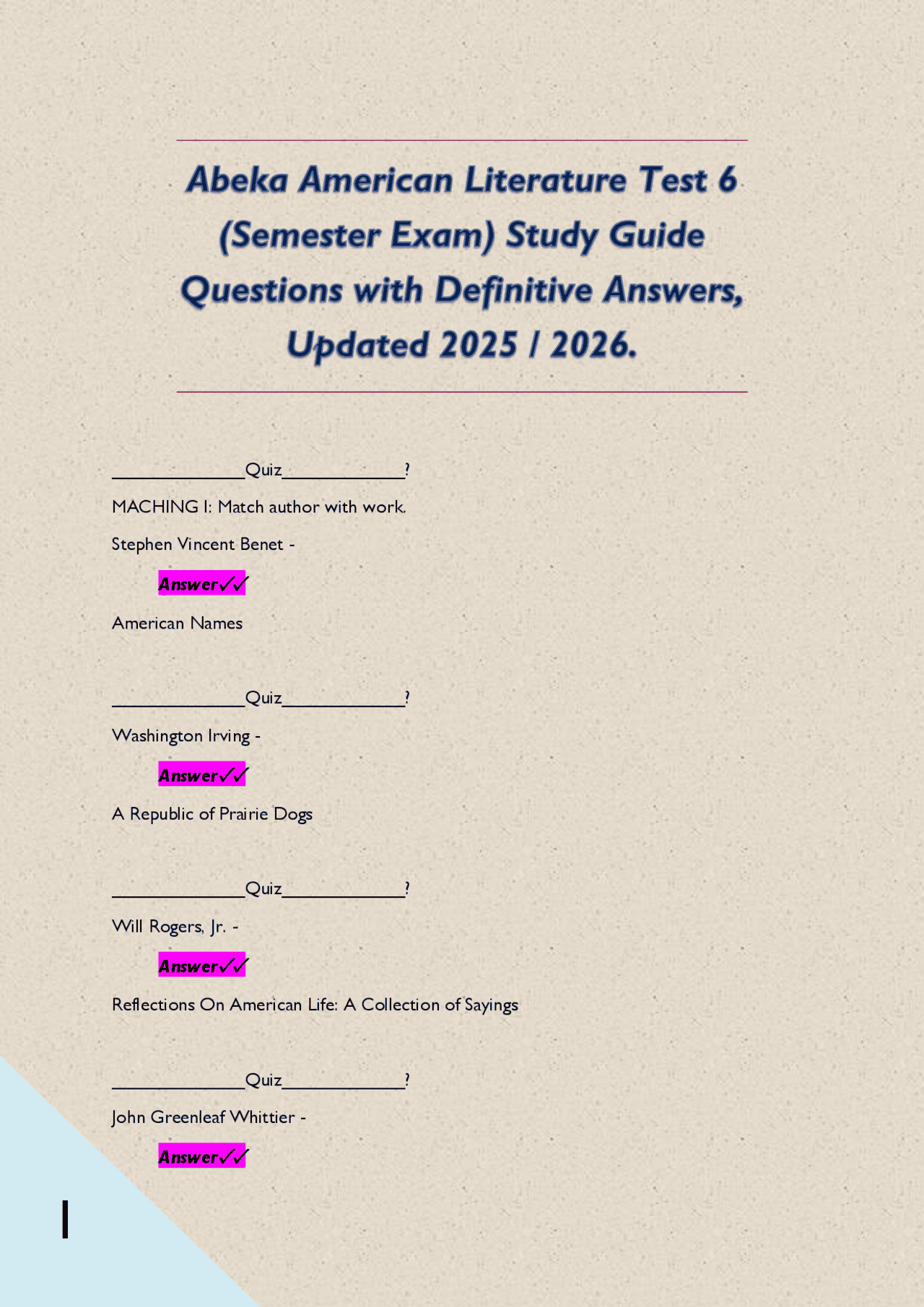 Abeka American Literature Test 6 (Semester Exam) Study Guide Questions ...
