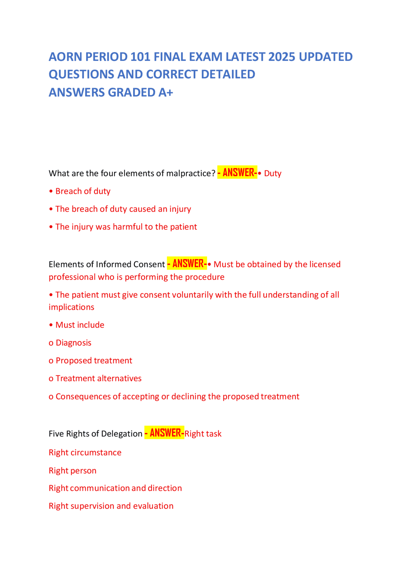 AORN PERIOD 101 FINAL EXAM LATEST 2025 UPDATED QUESTIONS AND CORRECT ...