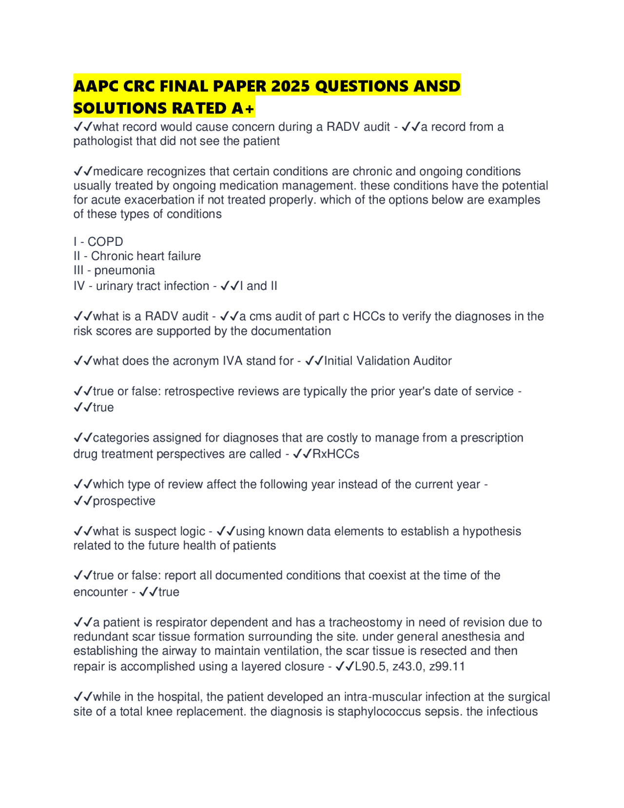 AAPC CRC FINAL PAPER 2025 QUESTIONS ANSD SOLUTIONS RATED A+ | Exams ...