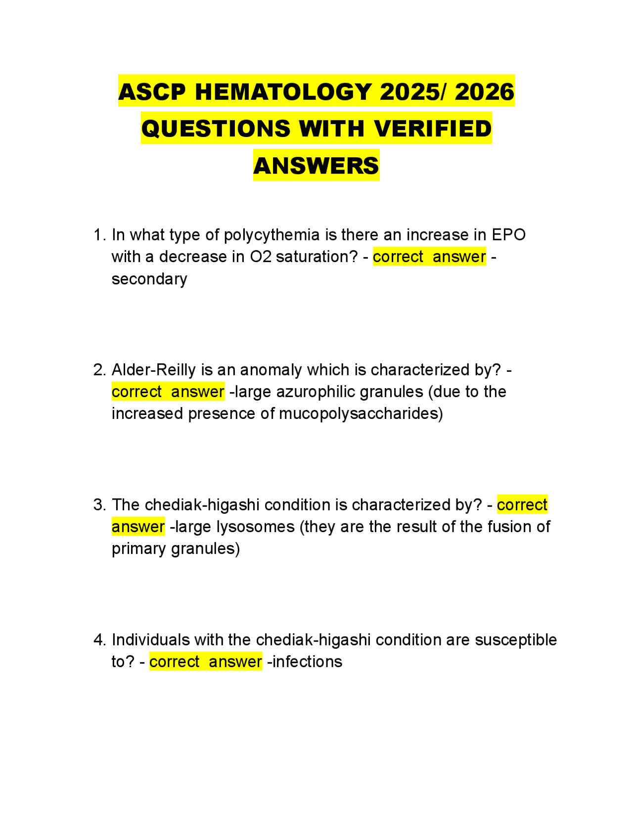 ASCP HEMATOLOGY 2025/ 2026 QUESTIONS WITH VERIFIED ANSWERS | Exams ...