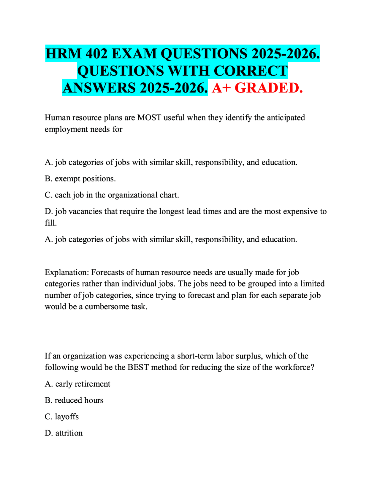 HRM 402 EXAM QUESTIONS 2025-2026. QUESTIONS WITH CORRECT ANSWERS 2025-2026. A+ GRADED. | Exams ...