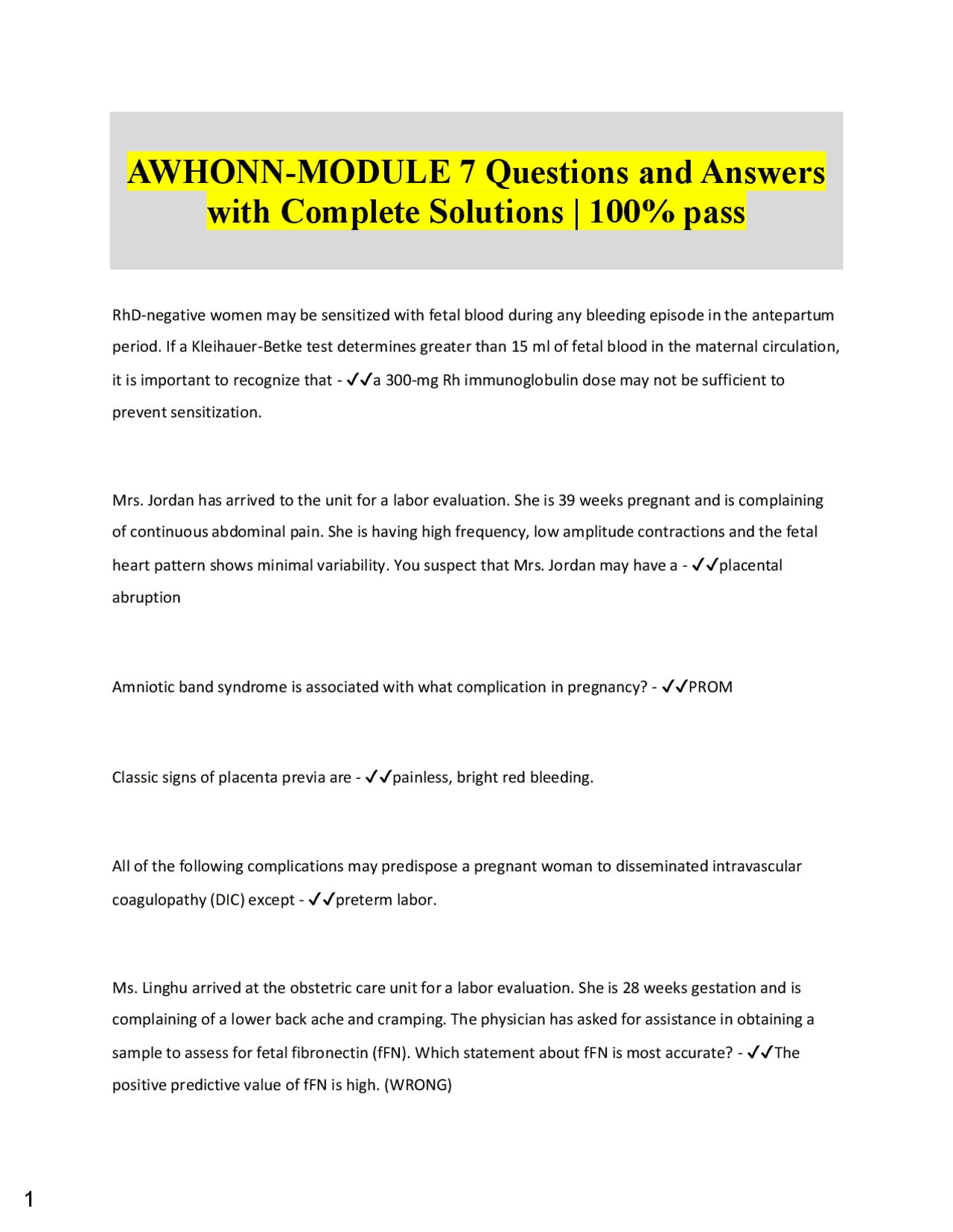 AWHONN-MODULE 7 Questions and Answers with Complete Solutions | 100% ...