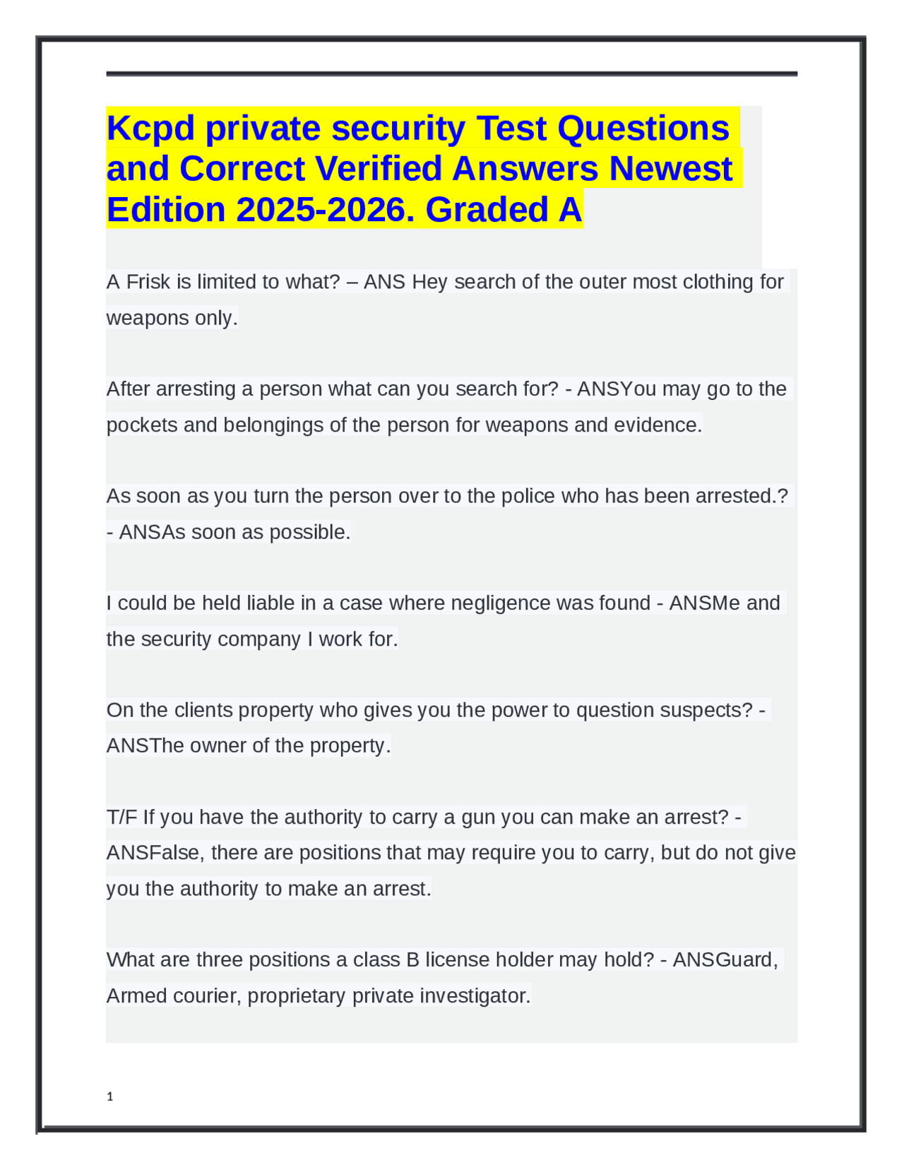 Kcpd private security Test Questions and Correct Verified Answers ...