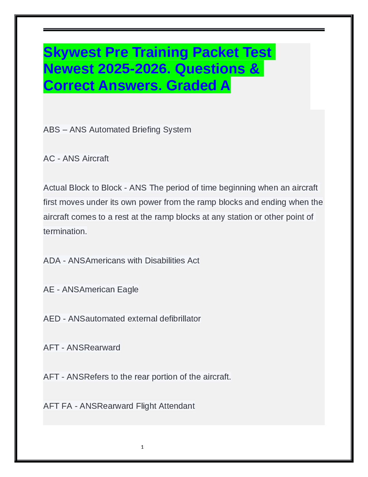 Skywest Pre Training Packet Test Newest 2025-2026. Questions & Correct ...