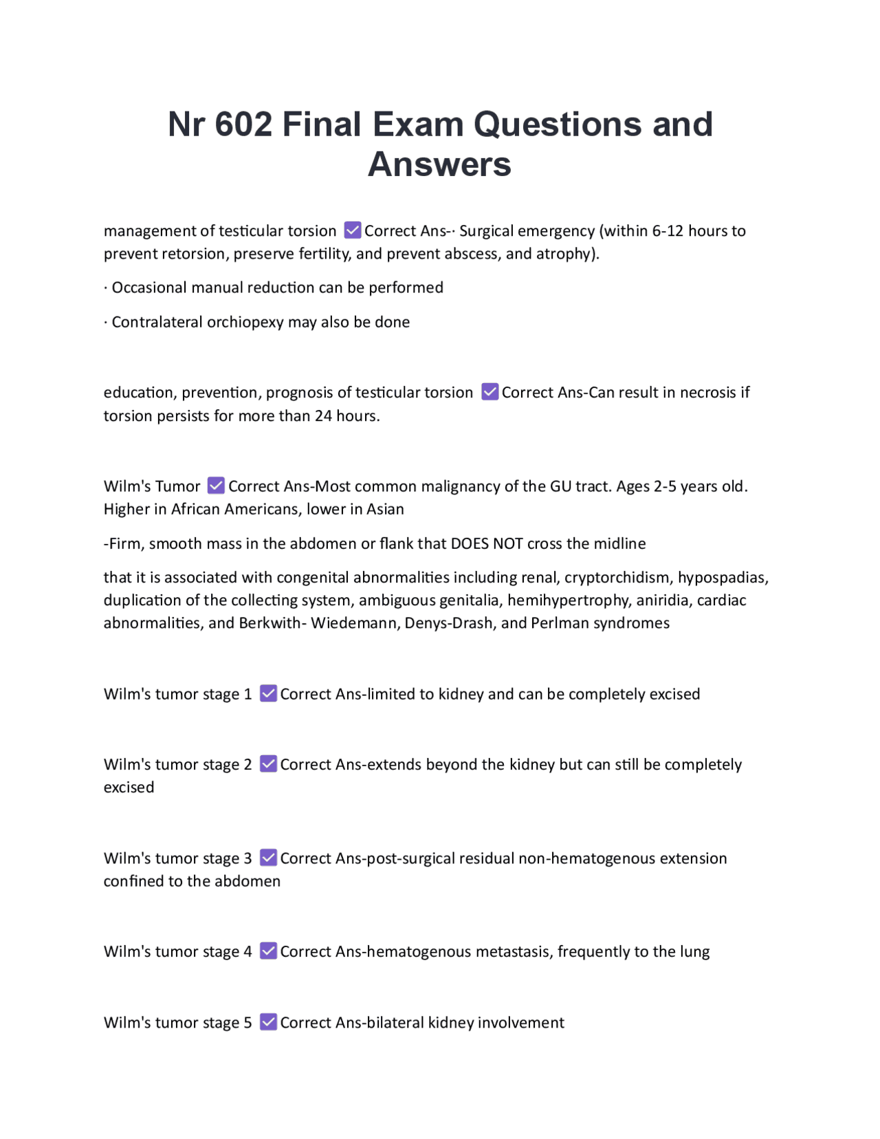 Nr 602 Final Exam Questions and Answers | Exams Nursing | Docsity