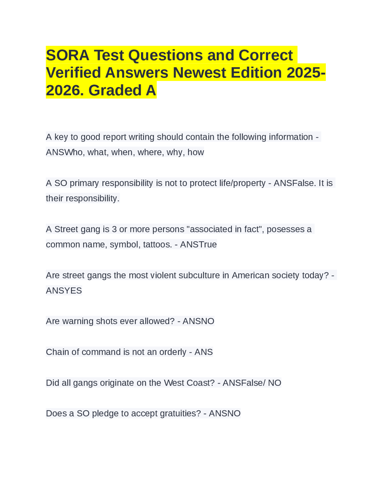 SORA Test Questions and Correct Verified Answers Newest Edition 2025 ...