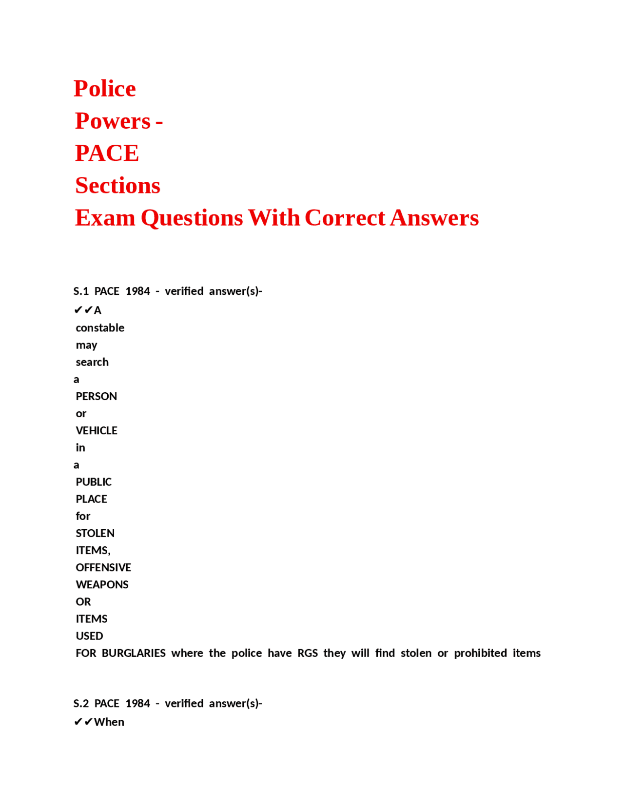 PACE 1984: Exam Questions and Answers on Police Powers | Exams Criminal Justice | Docsity