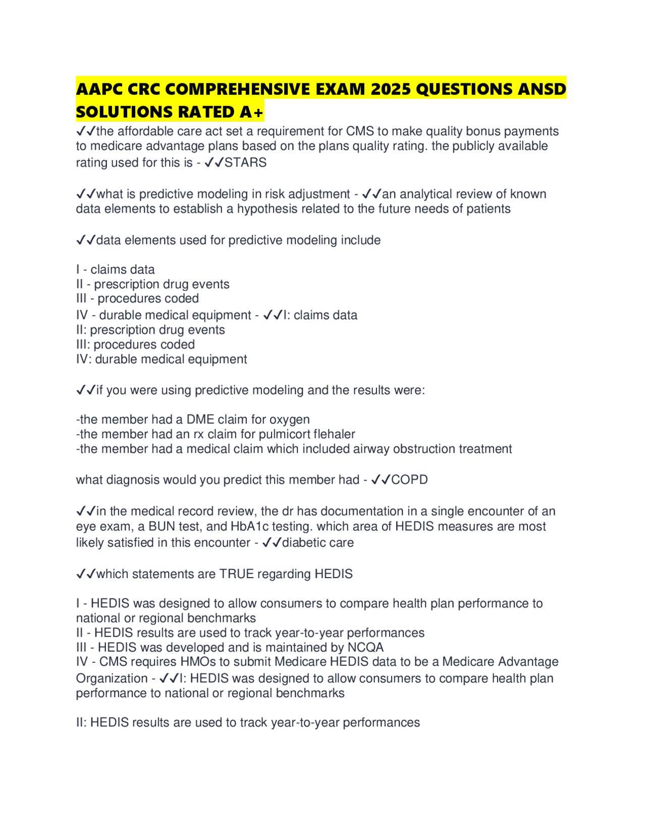 AAPC CRC COMPREHENSIVE EXAM 2025 QUESTIONS ANSD SOLUTIONS RATED A+ ...