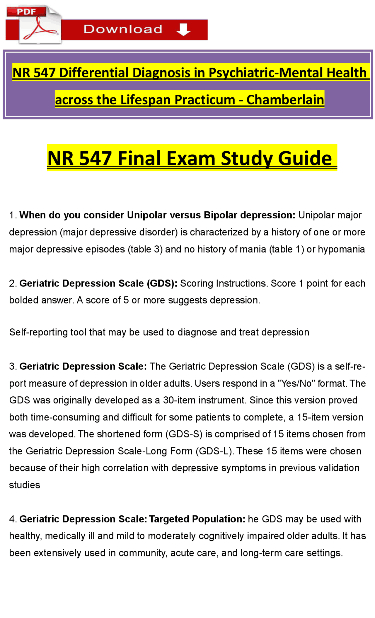 NR 547 Differential Dx Midterm Study | PMHNP Week 1–4 Guide with ...