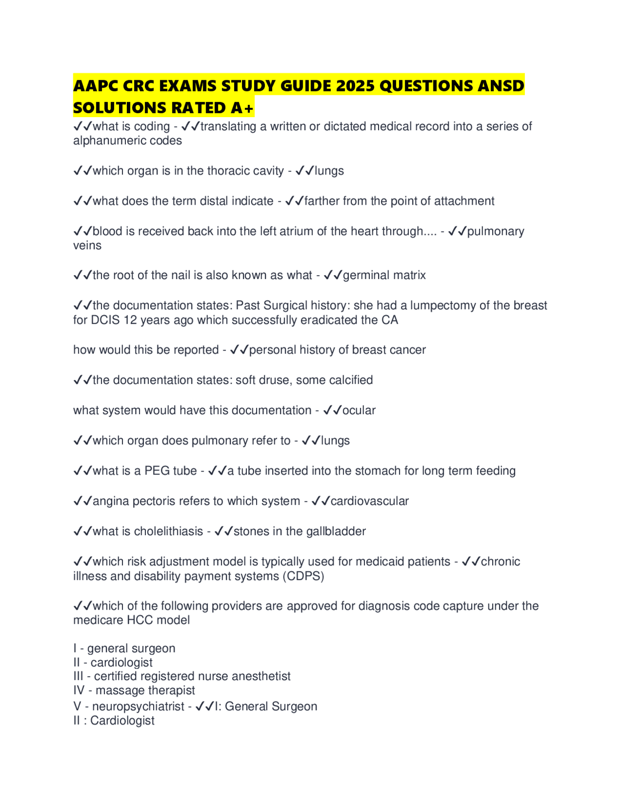 AAPC CRC EXAMS STUDY GUIDE 2025 QUESTIONS ANSD SOLUTIONS RATED A+ ...