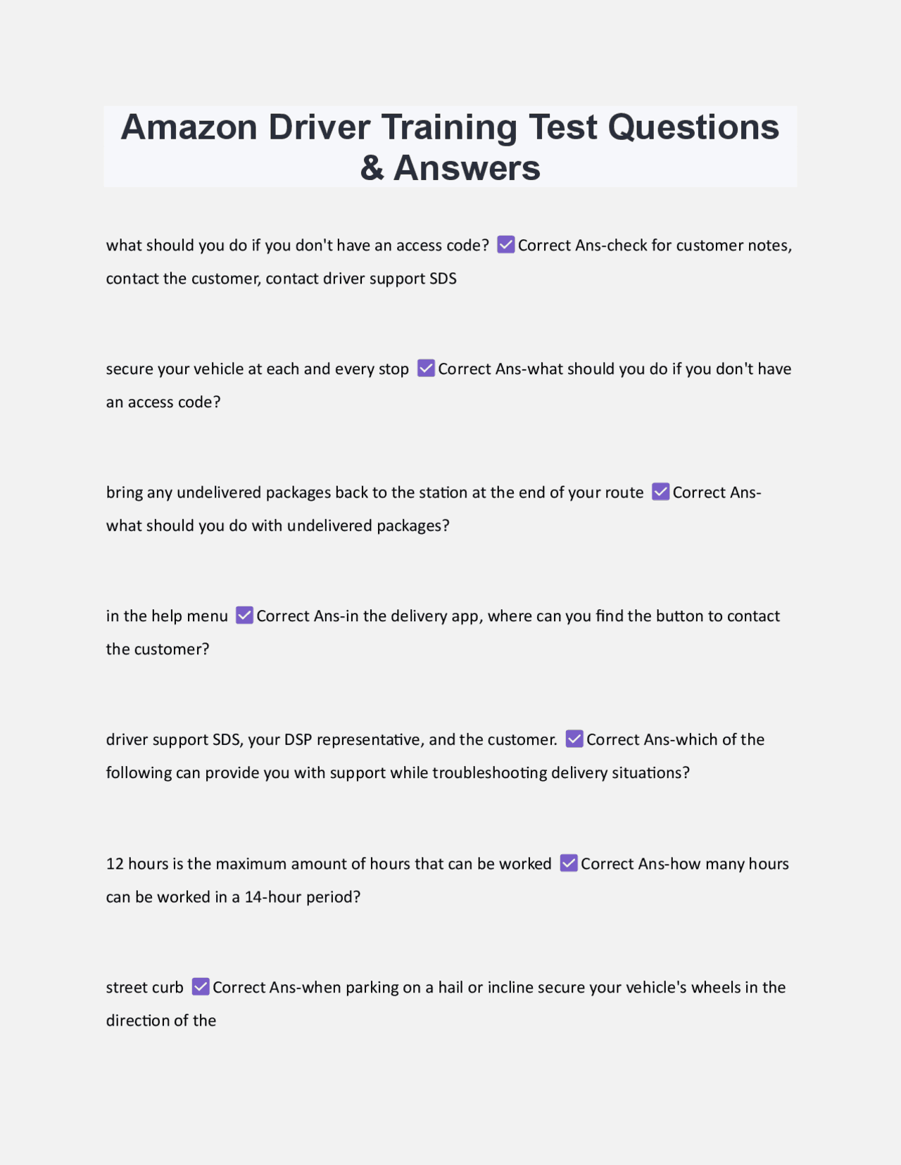 Amazon Driver Training Test Questions & Answers | Exams Nursing | Docsity