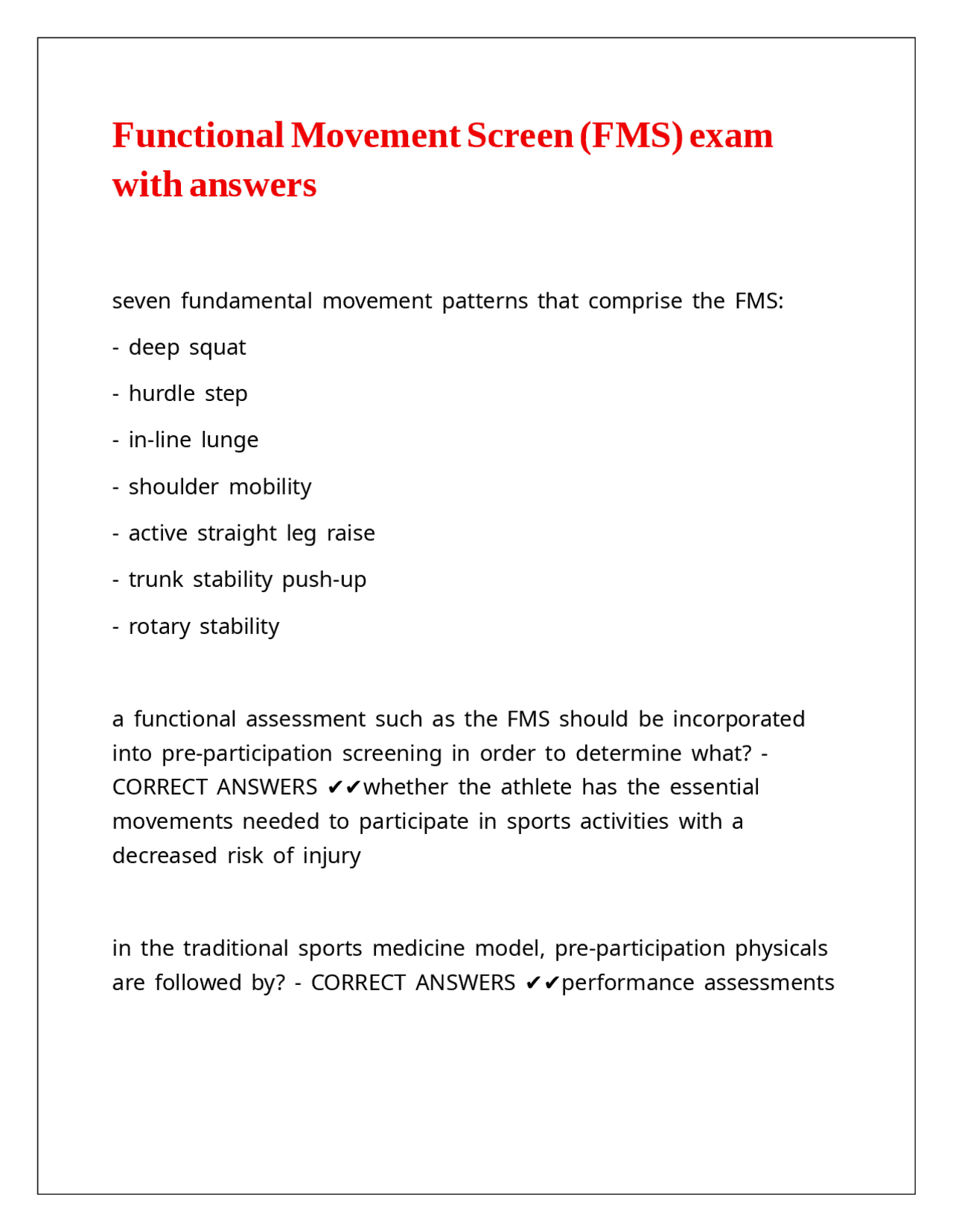 Functional Movement Screen (FMS) exam with answers. | Exams Nursing ...