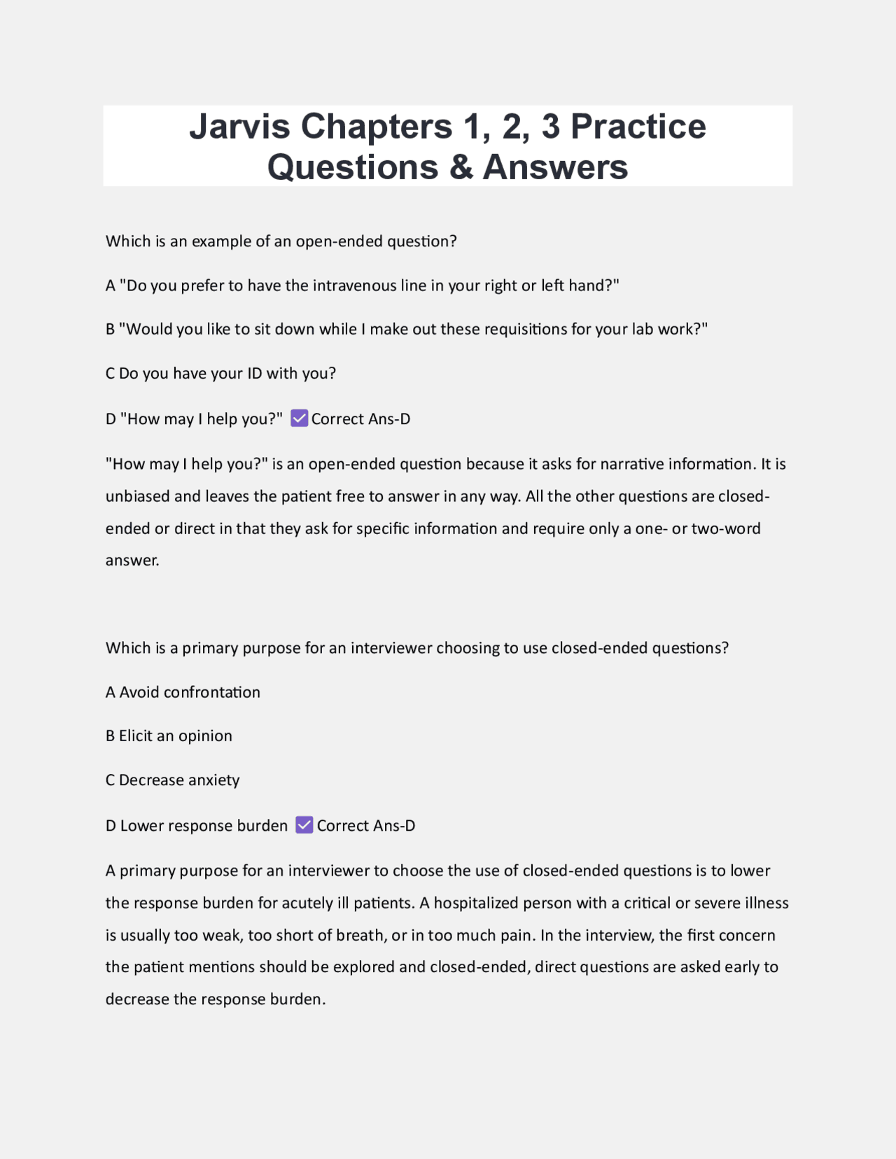 Jarvis Chapters 1, 2, 3 Practice Questions & Answers | Exams Nursing ...