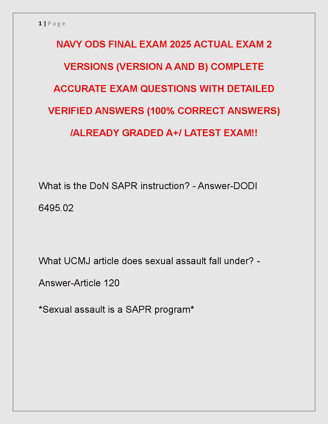 NAVY ODS FINAL EXAM 2025 ACTUAL EXAM 2 VERSIONS (VERSION A AND B ...