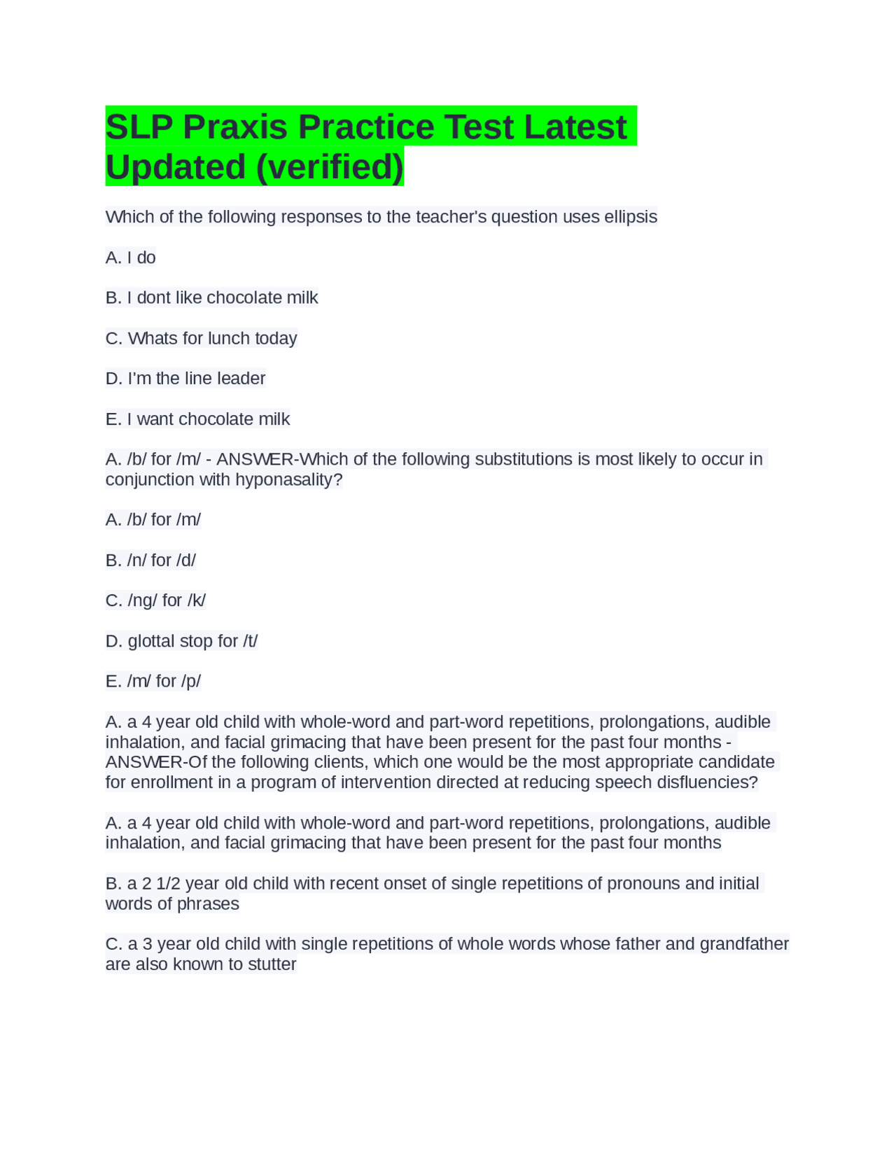 SLP Praxis Exam Practice Questions | Exams Advanced Education | Docsity