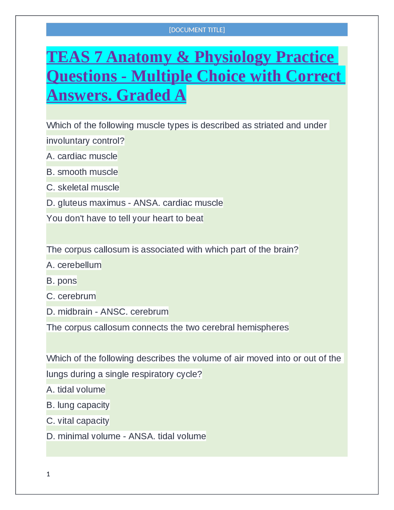 TEAS 7 Anatomy & Physiology Practice Questions - Q & A 2025-2026 ...