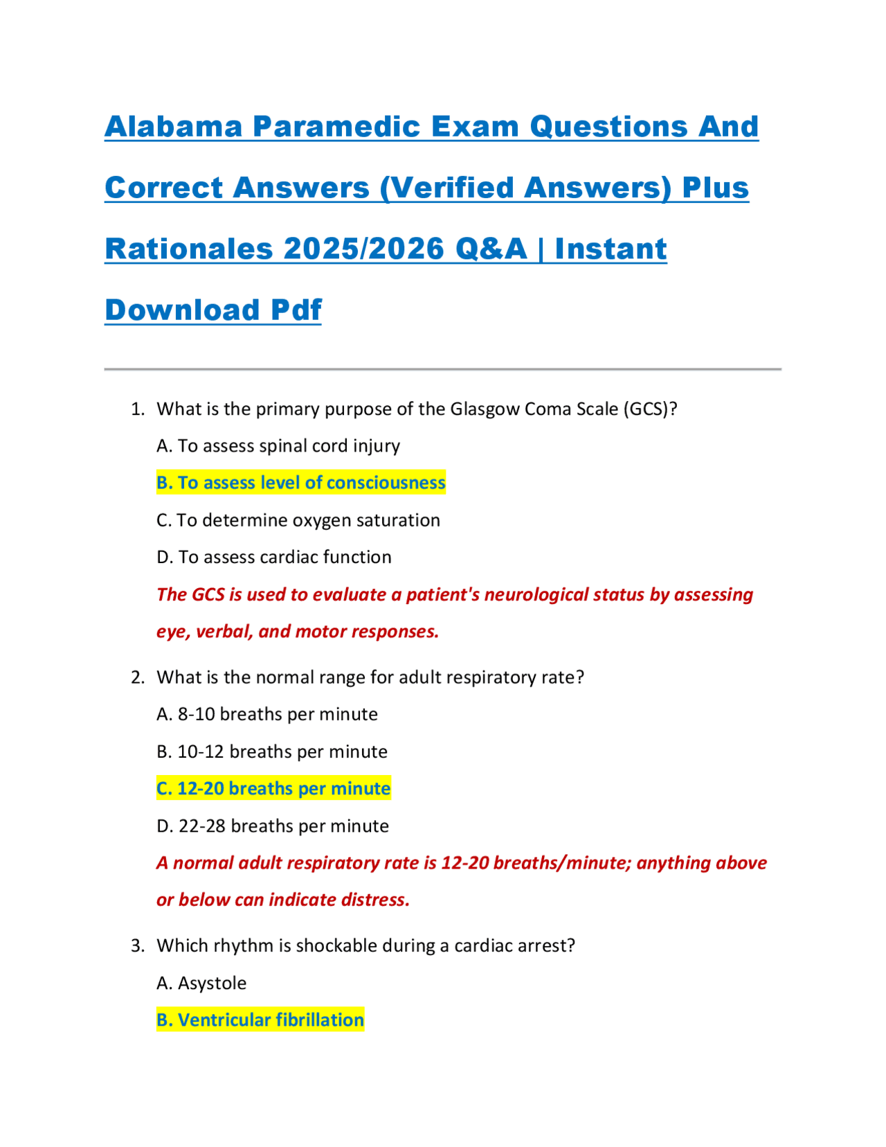 Alabama Paramedic Exam Questions And Correct Answers (Verified Answers ...