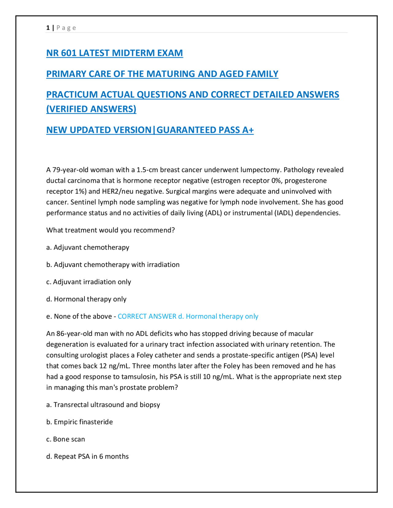 Geriatric Primary Care: Midterm Exam Questions and Answers | Exams ...