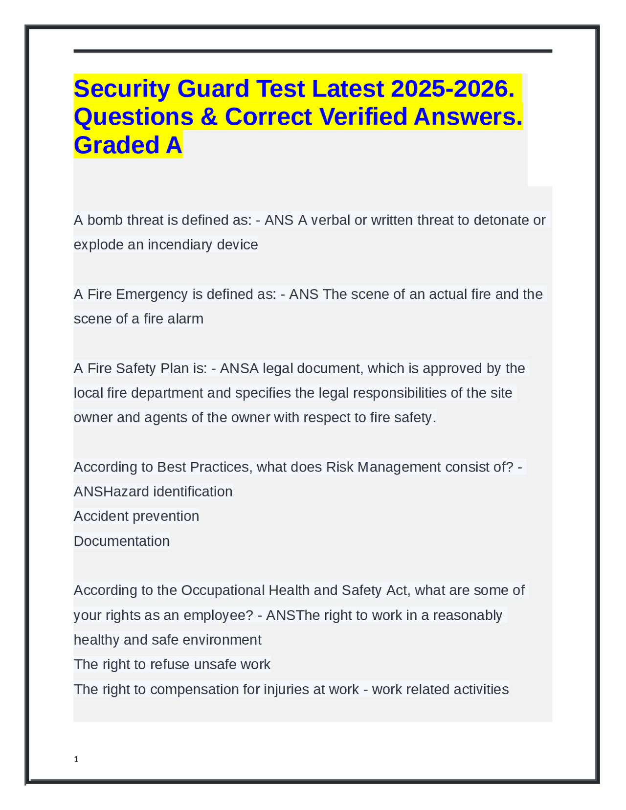 Security Guard Test Latest 2025-2026. Questions & Correct Verified ...