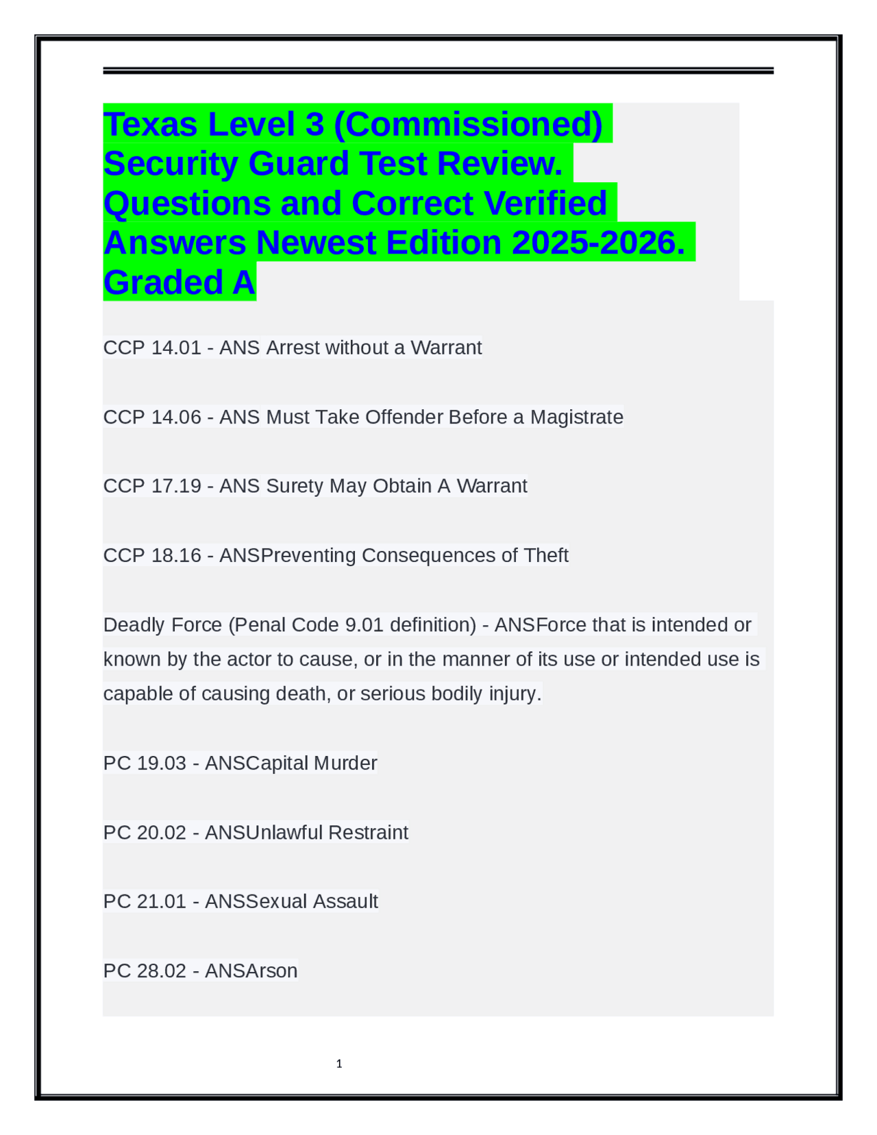Texas Security Guard Level 3 Exam Review: Questions and Answers 2025 ...