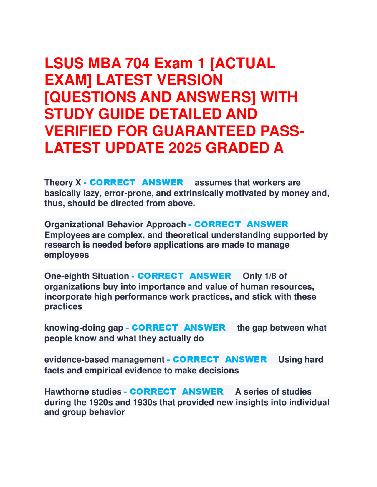 LSUS MBA 704 Exam 1 [ACTUAL EXAM] LATEST VERSION [QUESTIONS AND ANSWERS ...