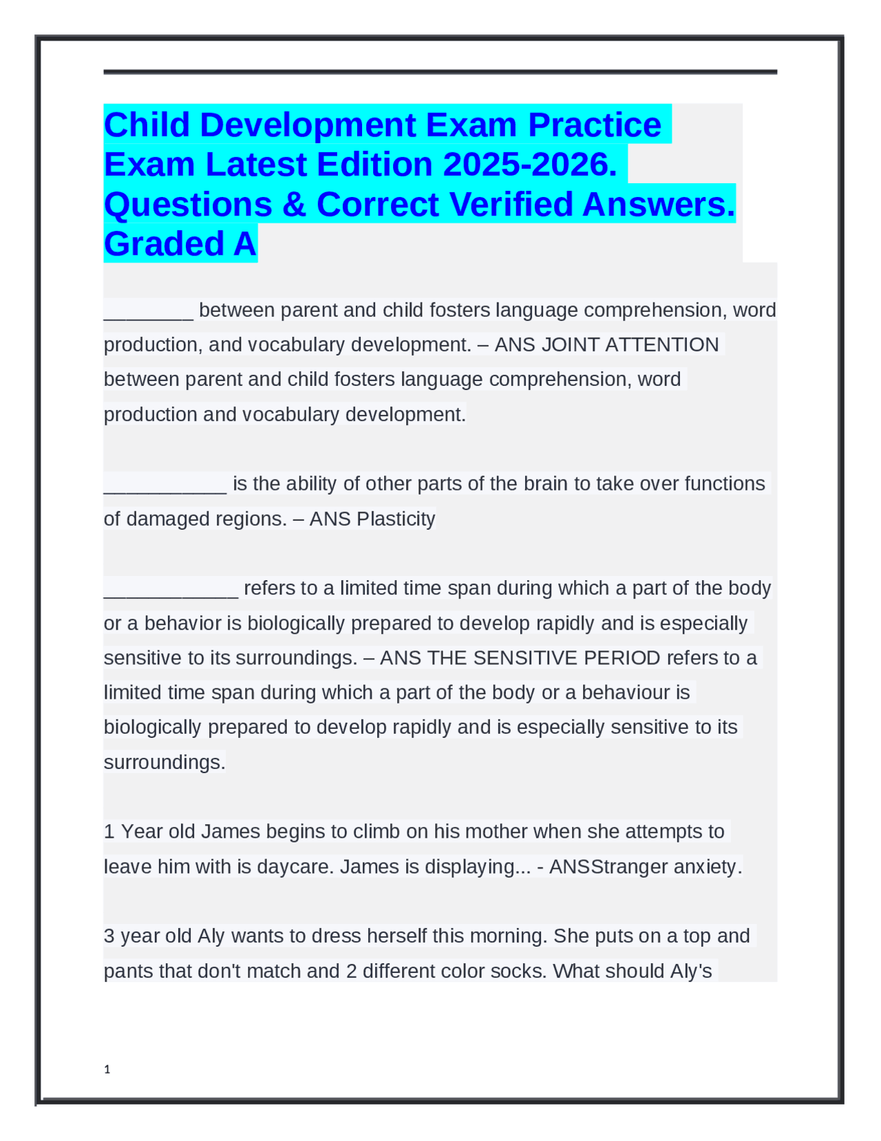 Child Development Exam Practice Exam Latest Edition 2025-2026.Questions ...