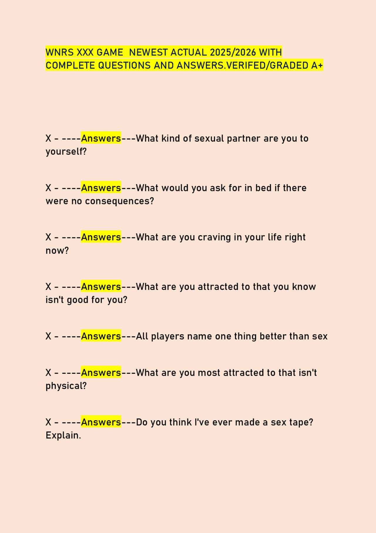 WNRS XXX GAME NEWEST ACTUAL 2025/2026 WITH COMPLETE QUESTIONS AND ...